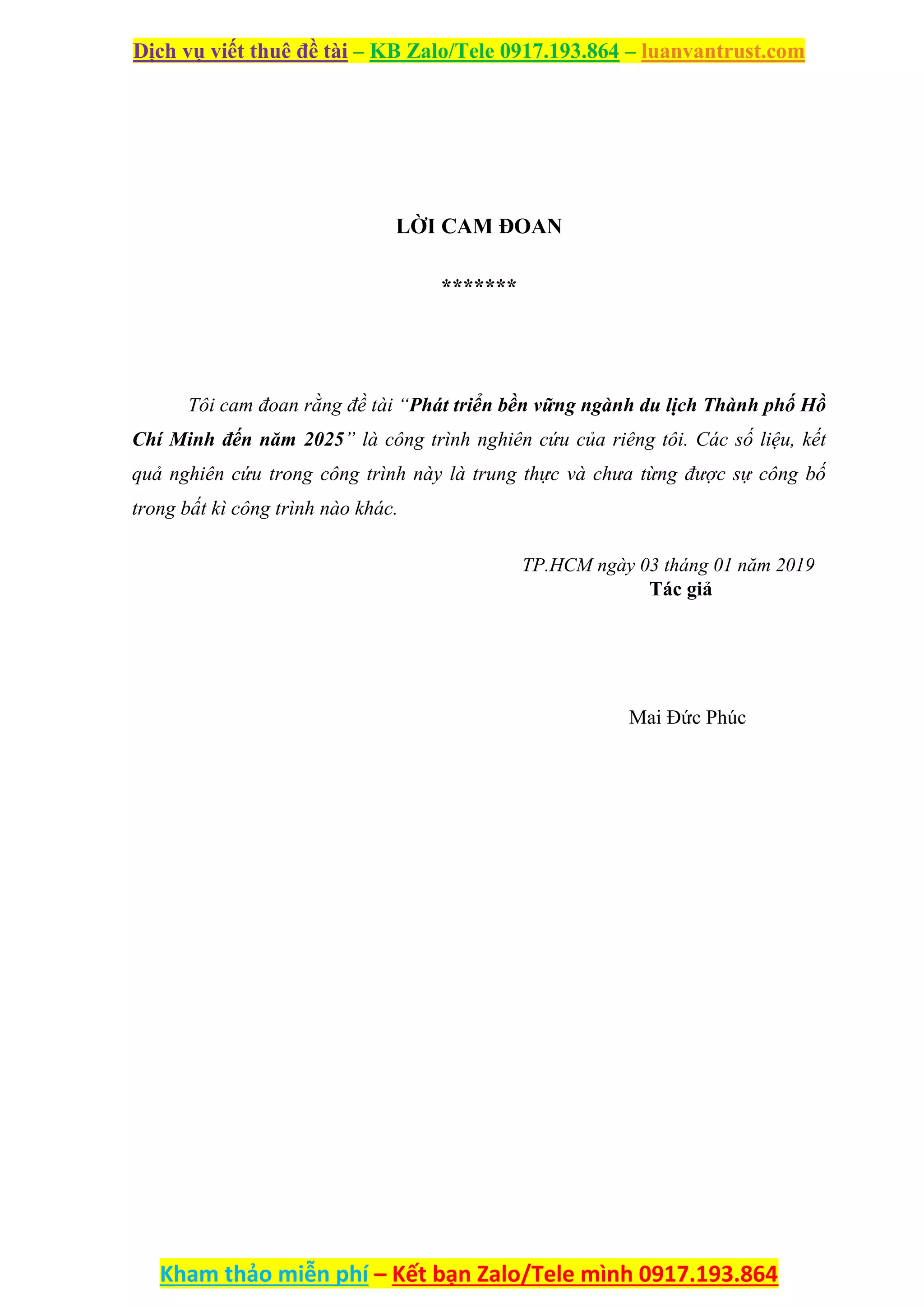 Luận văn Phát Triển Bền Vững Ngành Du Lịch Thành HCM Đến Năm 2025.doc