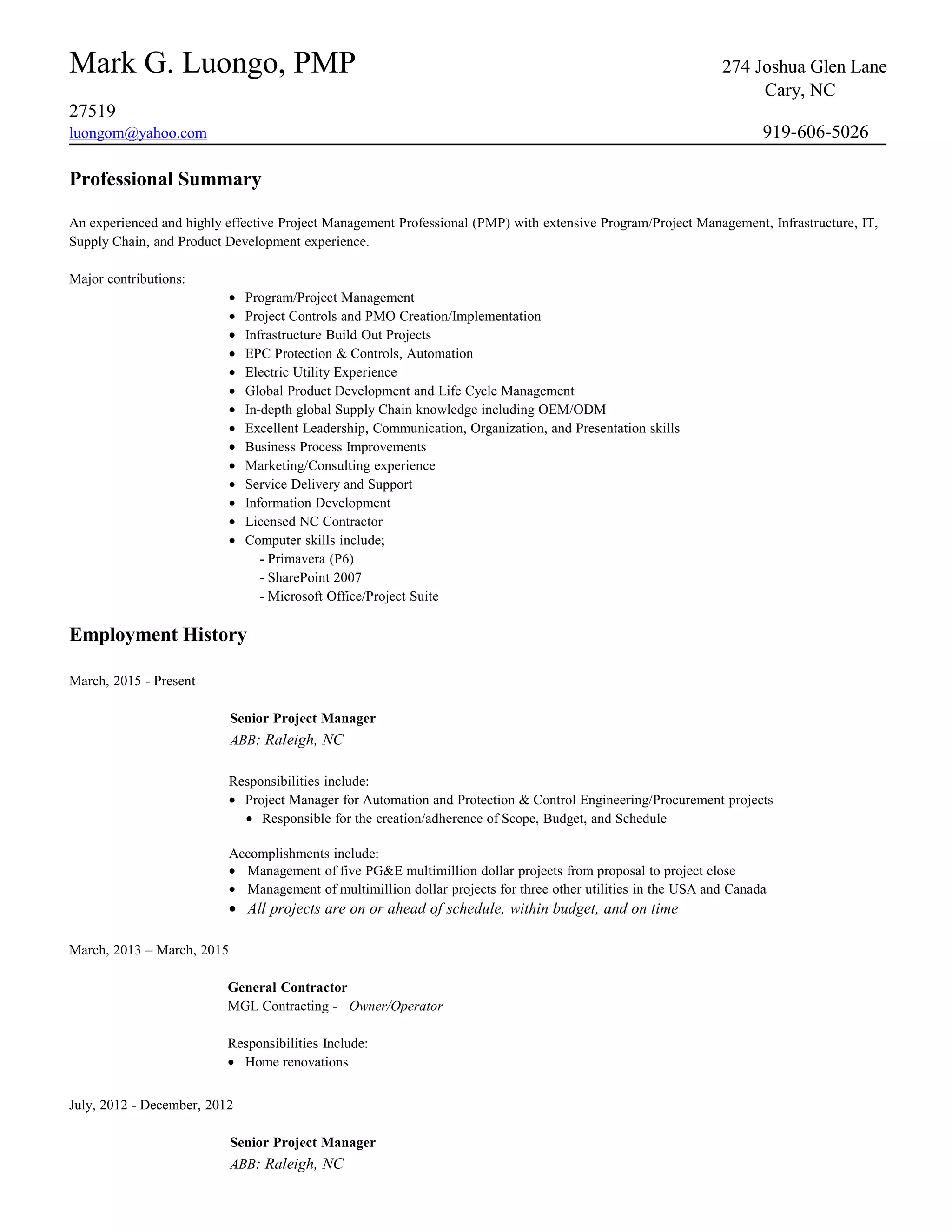 Luongo pmp resume | DOC