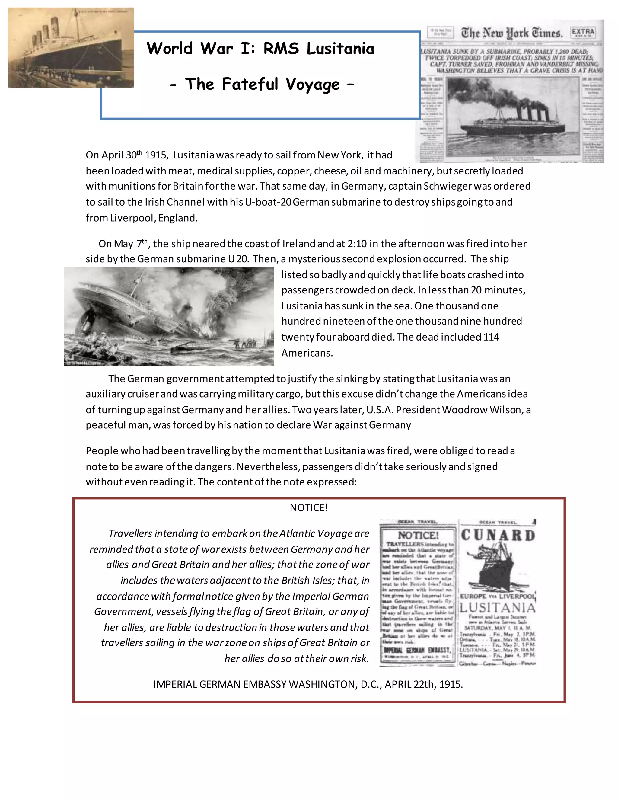 Briefly history about Lusitania sinking | DOCX