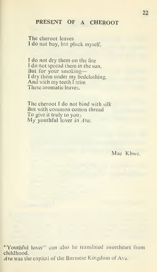 Burmese classical poems. Selected and translated by Fiedrich V. Lustig ...