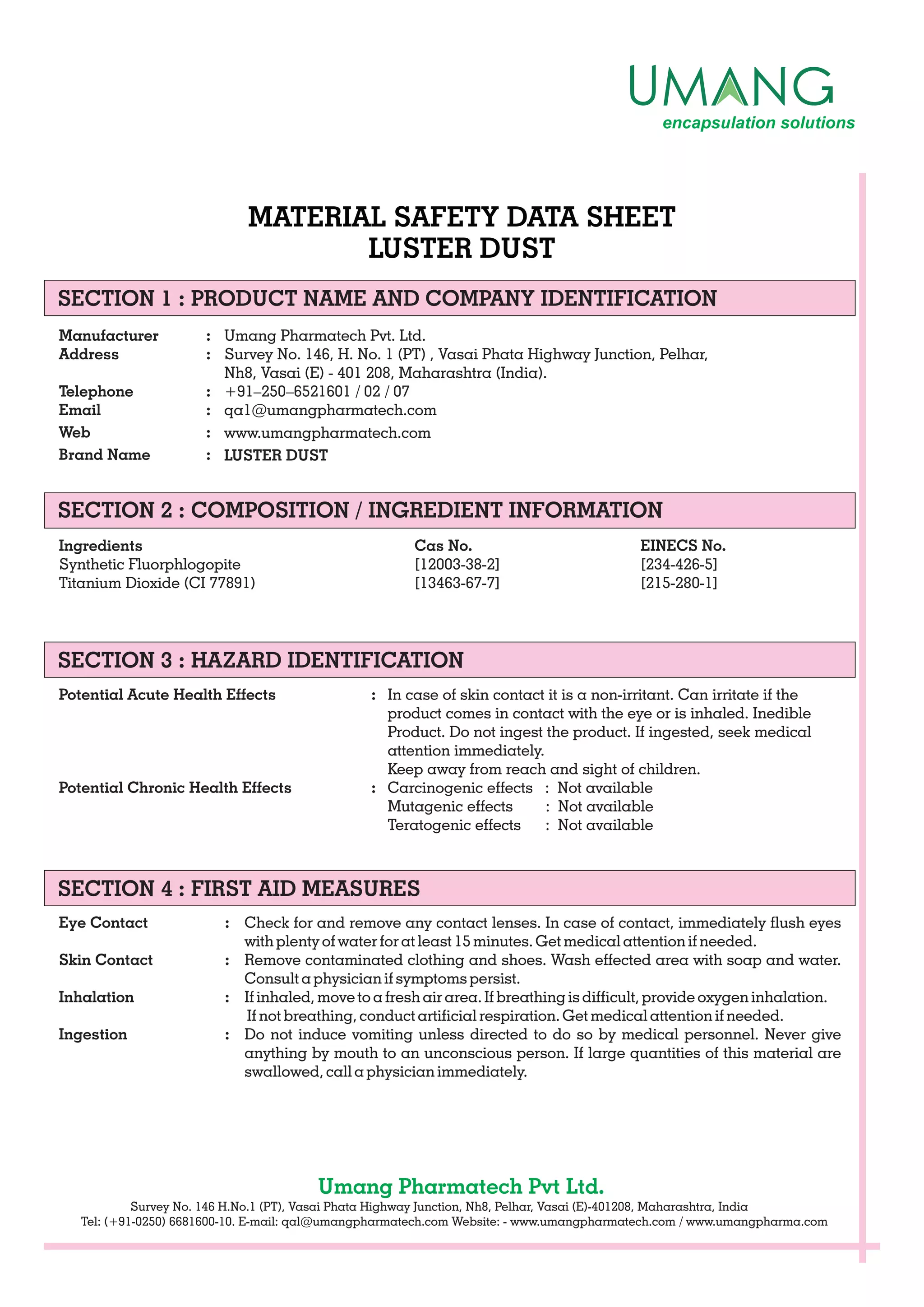 Lustre dust ld one common msds attched in pdf print version | PDF