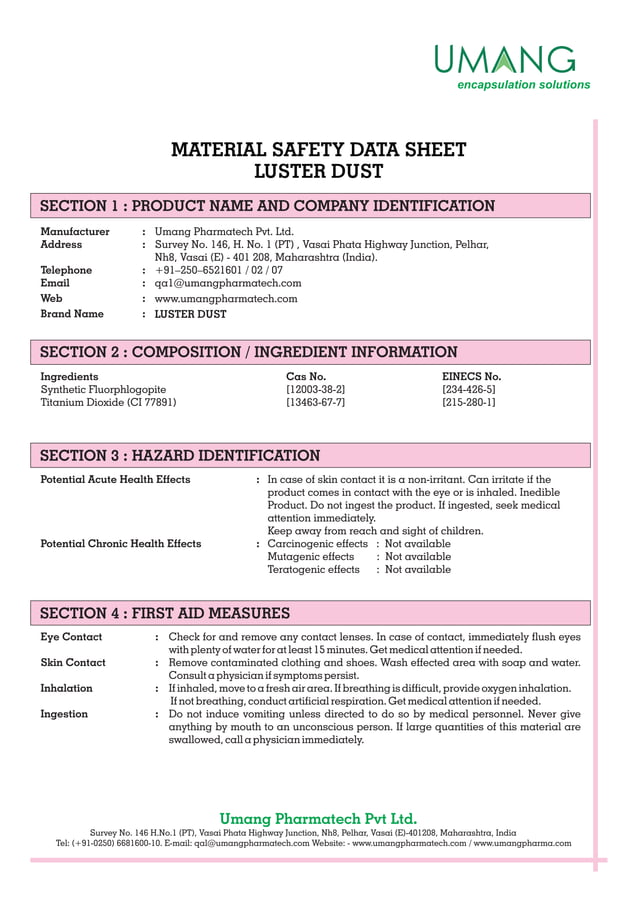 Lustre dust ld one common msds attched in pdf print version | PDF