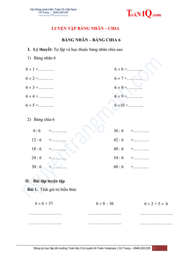 BÀI TẬP LUYỆN TẬP BẢNG NHÂN CHIA LỚP 3 | PDF