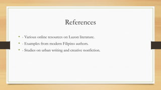 LUZON prominent genres.pptx urban writing and genres | PPTX