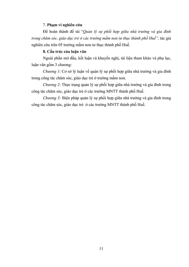 Luận văn: Quản lý sự phối hợp giữa nhà trường và gia đình trong công tác chăm sóc, giáo dục trẻ ...