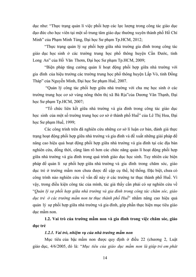 Luận văn: Quản lý sự phối hợp giữa nhà trường và gia đình trong công tác chăm sóc, giáo dục trẻ ...