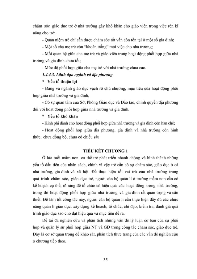 Luận văn: Quản lý sự phối hợp giữa nhà trường và gia đình trong công tác chăm sóc, giáo dục trẻ ...