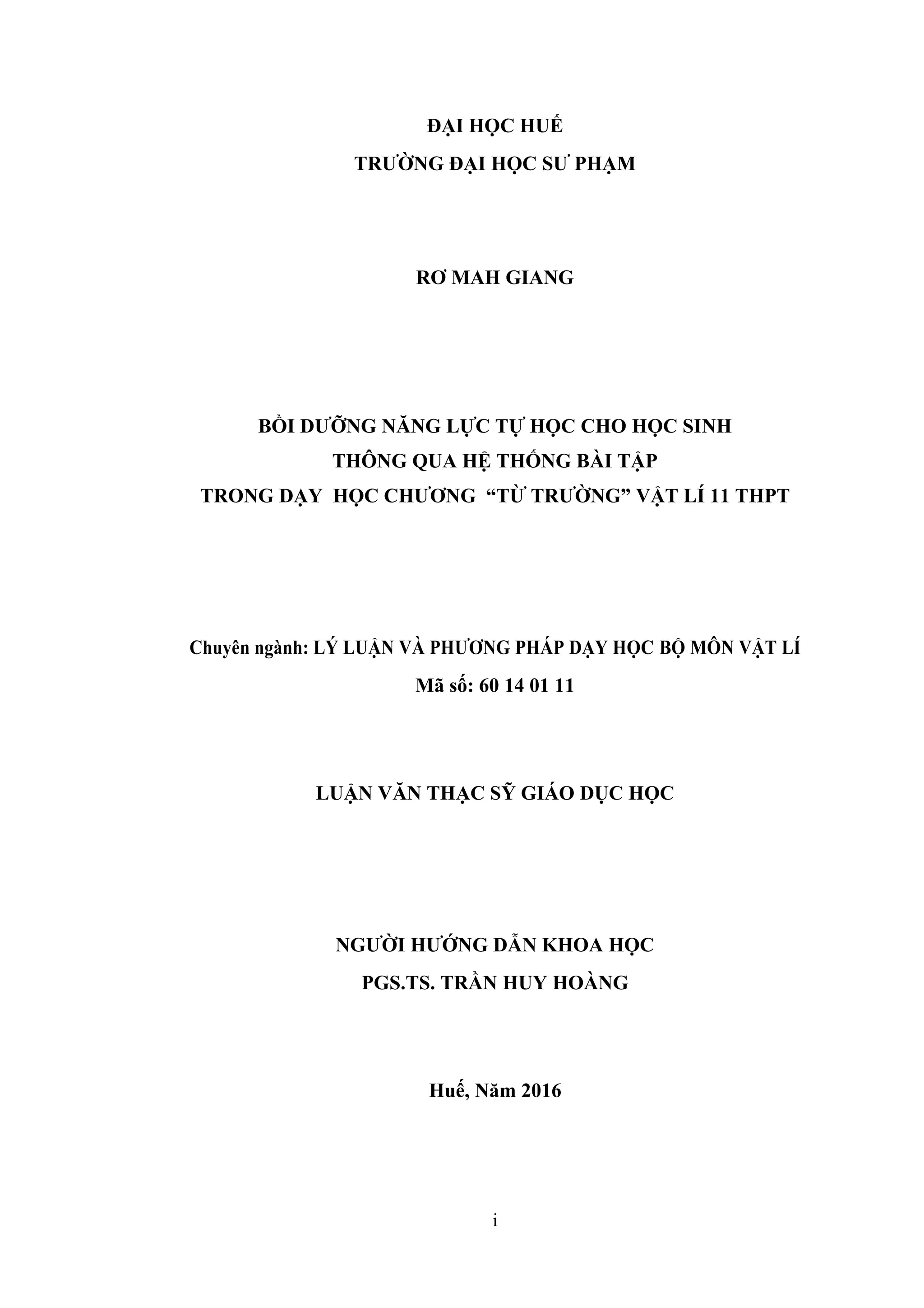 Luận văn: Bồi dưỡng năng lực tự học cho học sinh thông qua hệ thống bài tập trong dạy học chương ...
