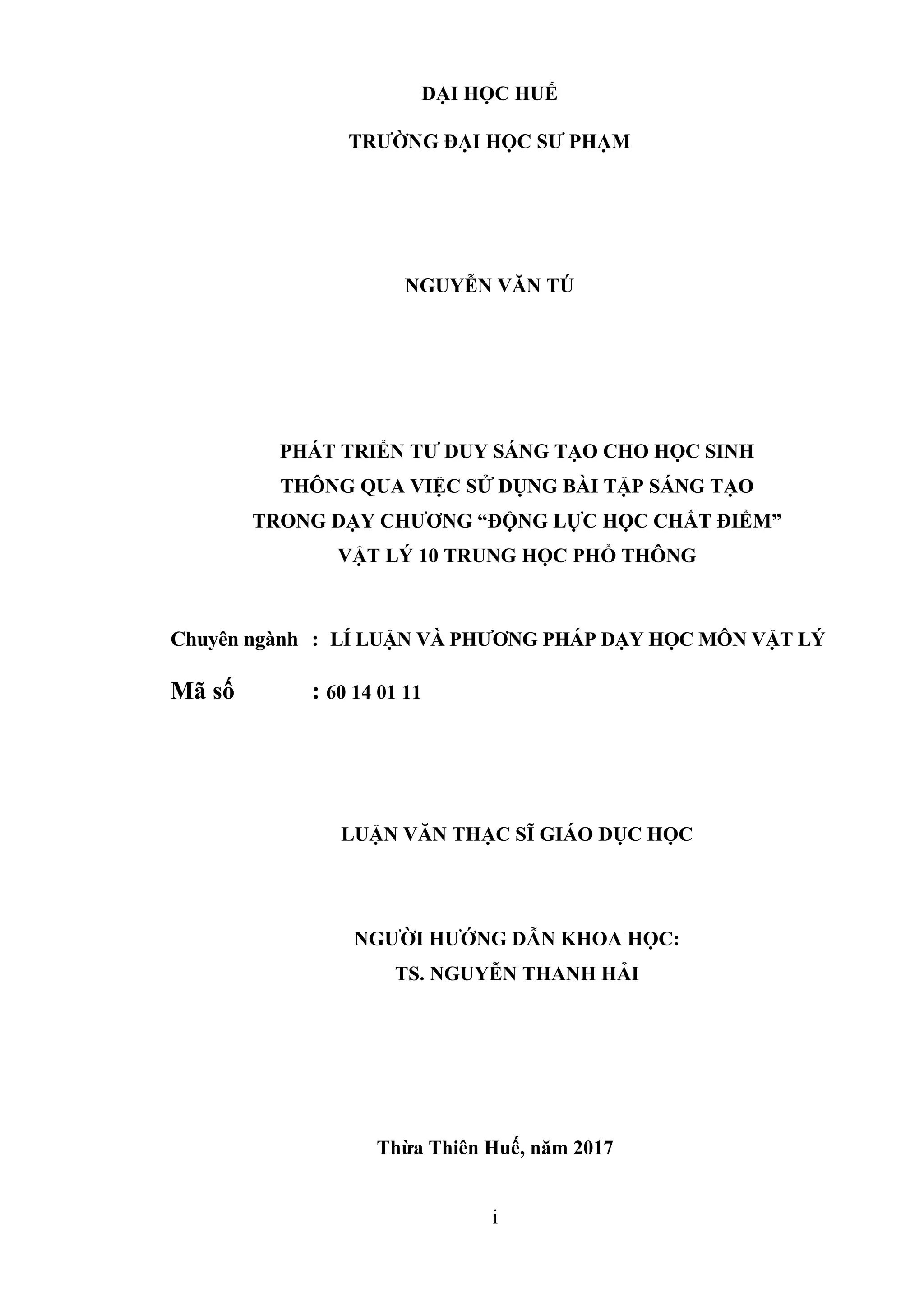 Luận văn: Phát triển tư duy sáng tạo cho học sinh thông qua việc sử dụng bài tập sáng tạo trong ...