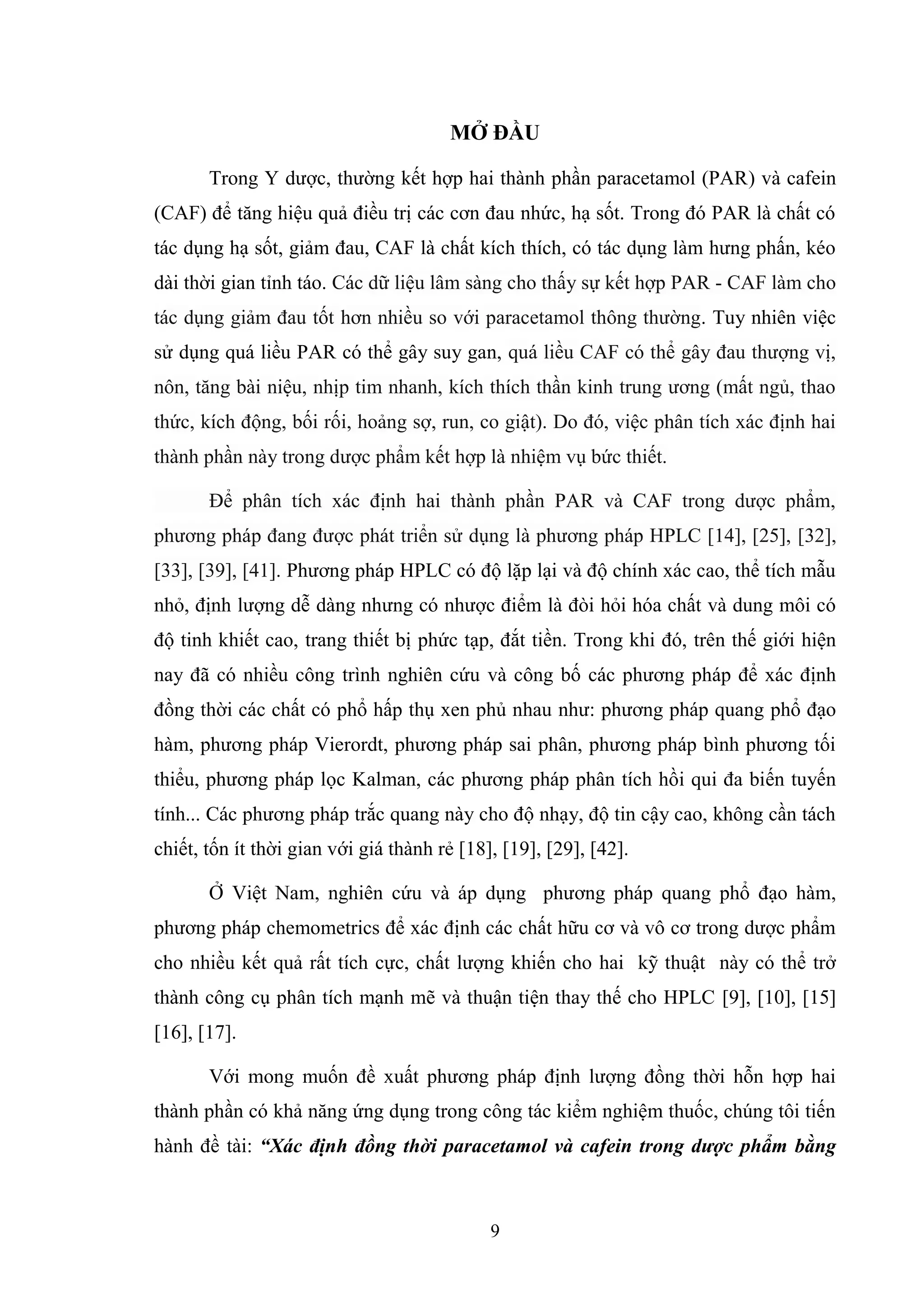 Luận văn: Xác định đồng thời paracetamol và cafein trong dược phẩm bằng phương pháp quang phổ ...