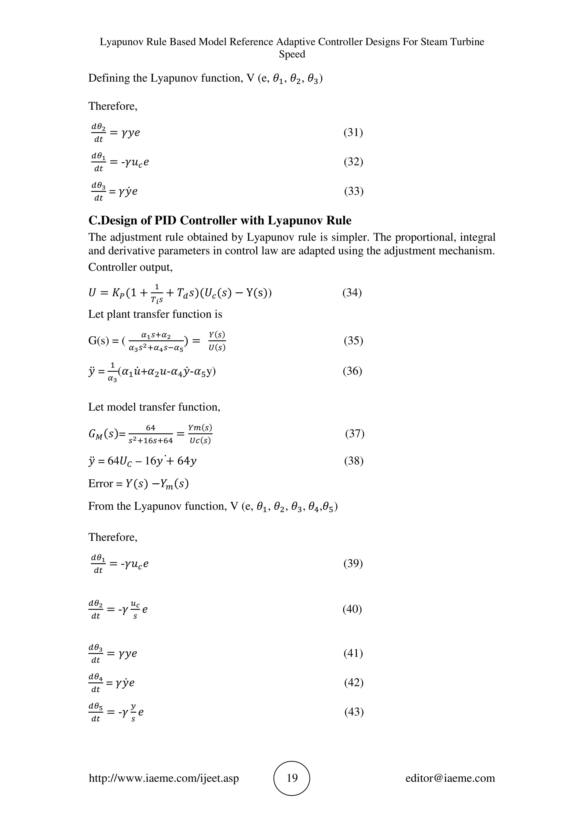 Lyapunov rule based model reference adaptive controller designs for steam turbine speed | PDF