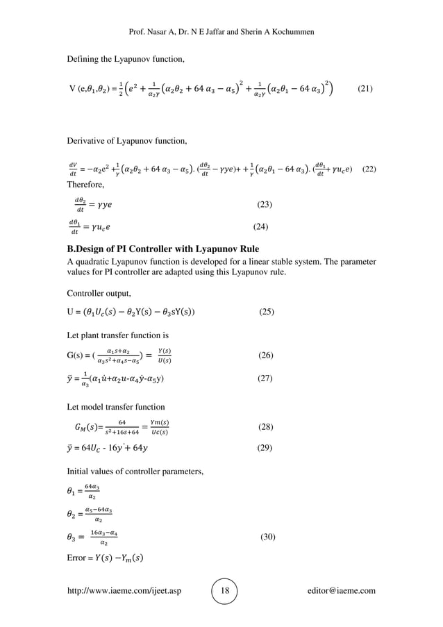 Lyapunov rule based model reference adaptive controller designs for steam turbine speed | PDF