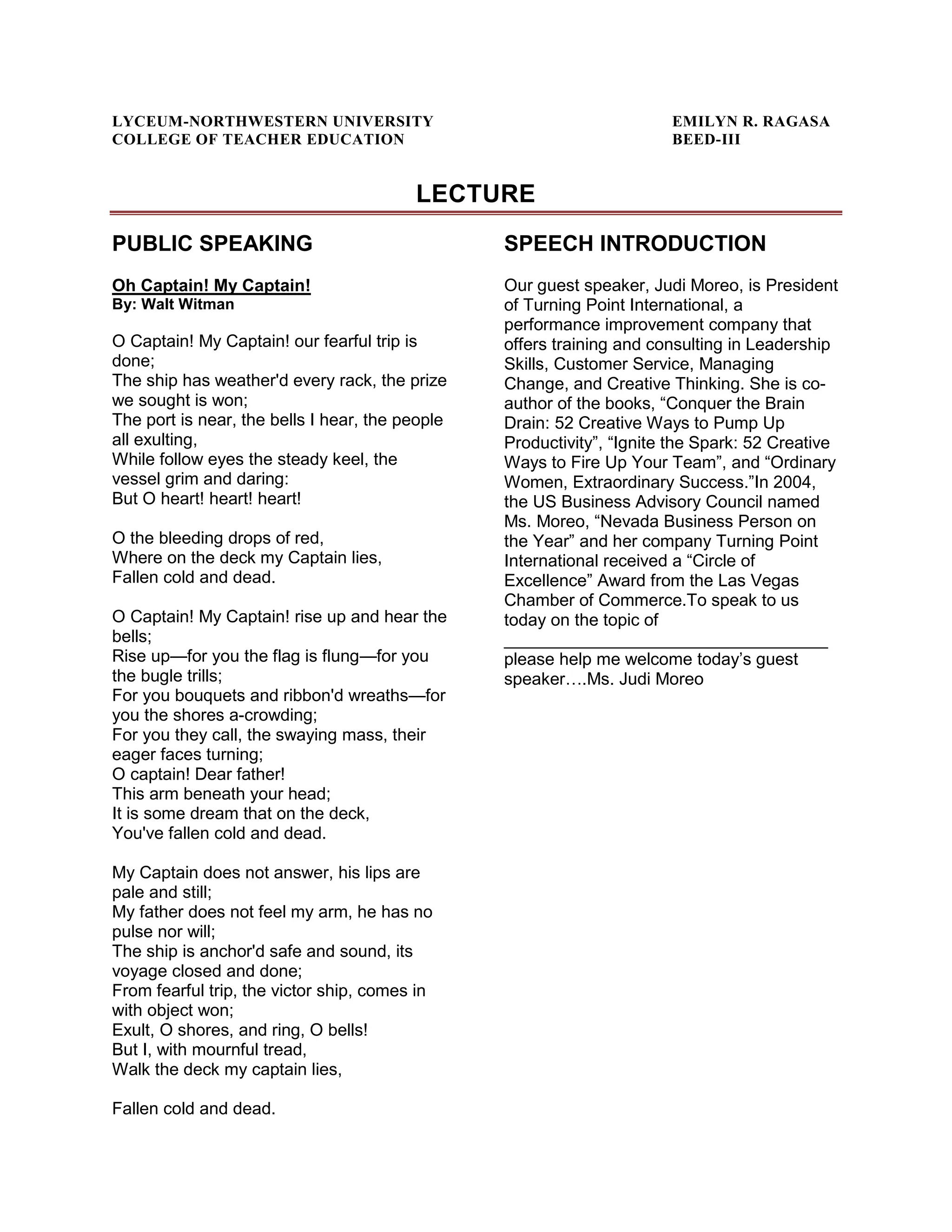 PUBLIC SPEAKING Oh Captain! My Captain! By: Walt Witman | DOCX