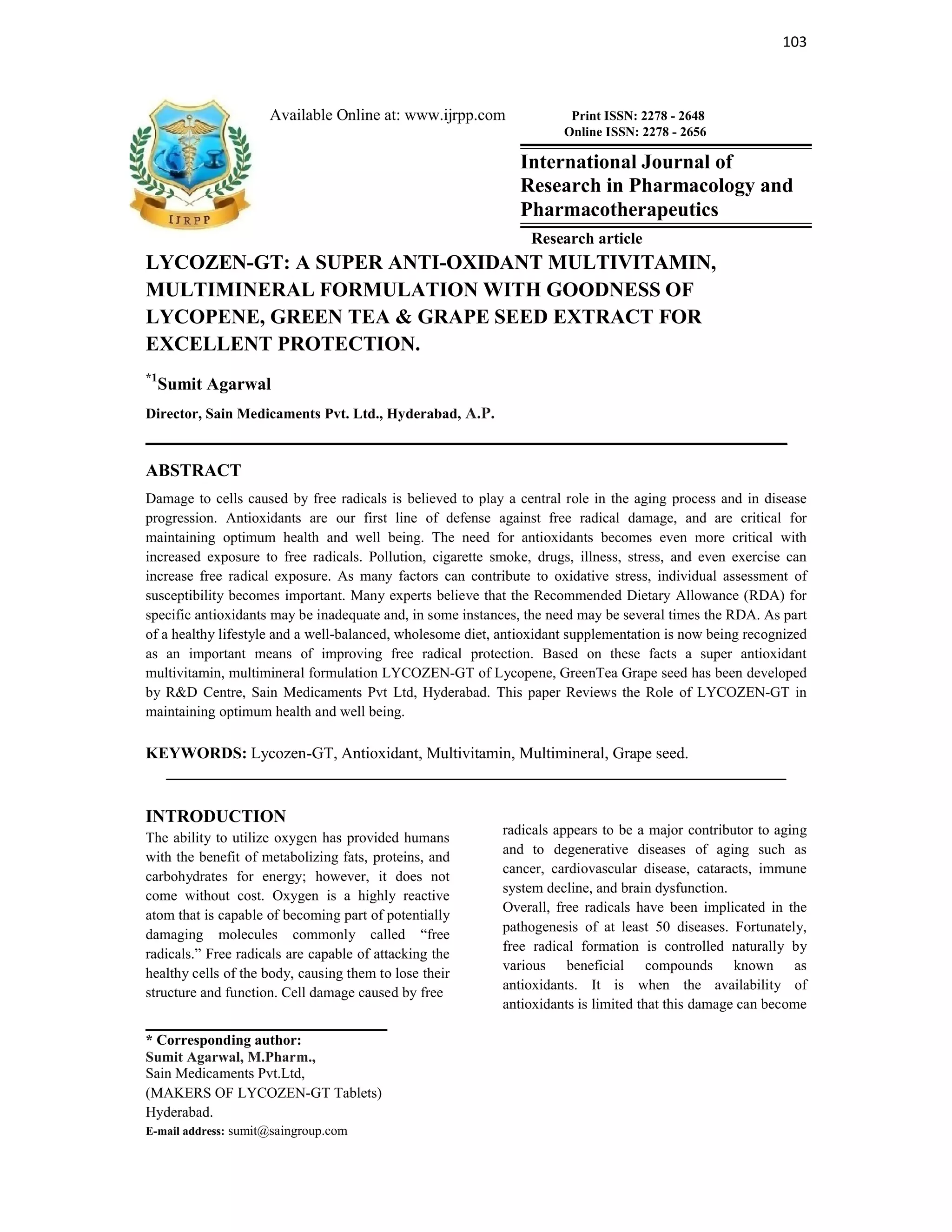 LYCOZEN-GT A SUPER ANTI-OXIDANT MULTIVITAMIN | PDF