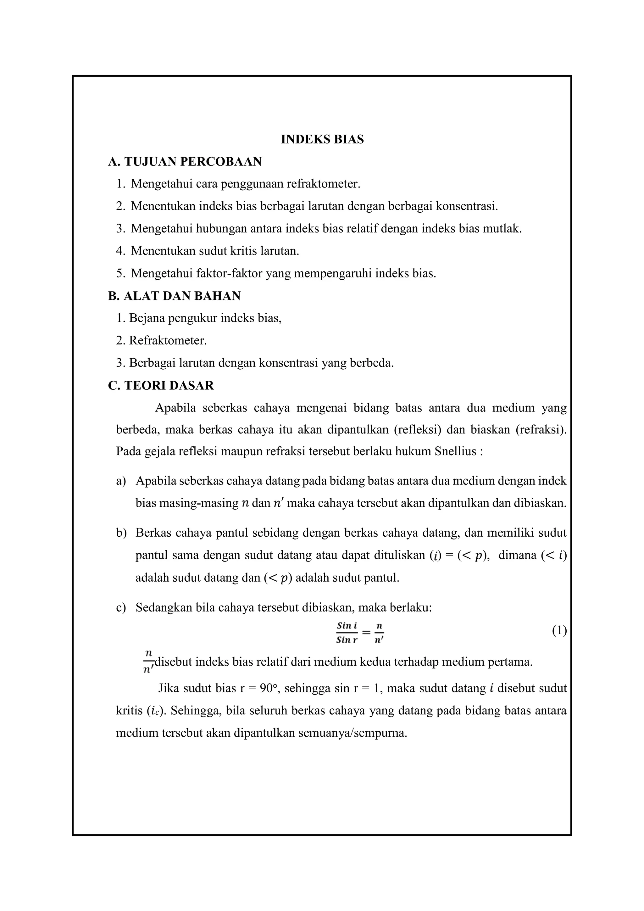Laporan Praktikum Fisika Dasar II Awal tentang Indeks Bias | PDF