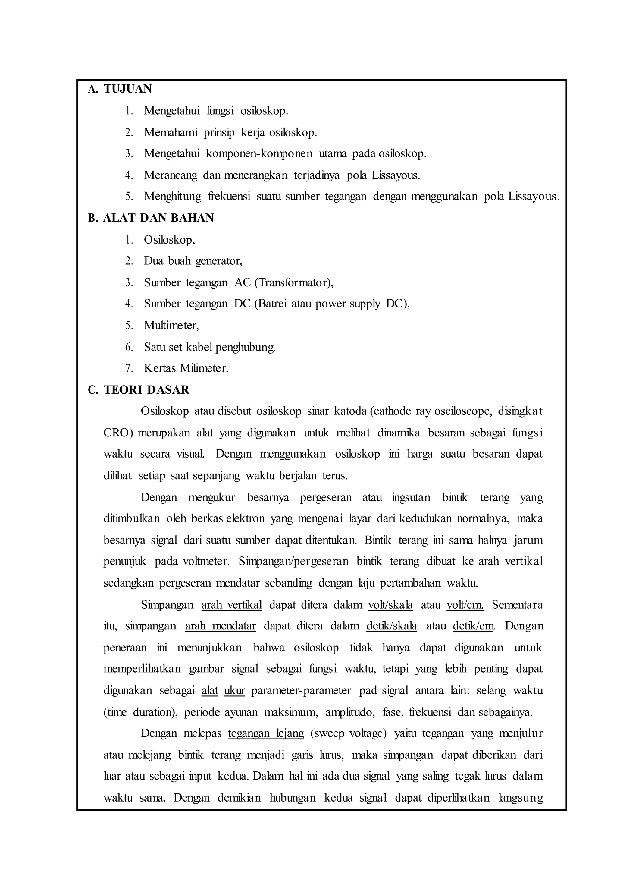 Laporan Praktikum Fisika Dasar II Awal tentang Osiloskop | DOCX