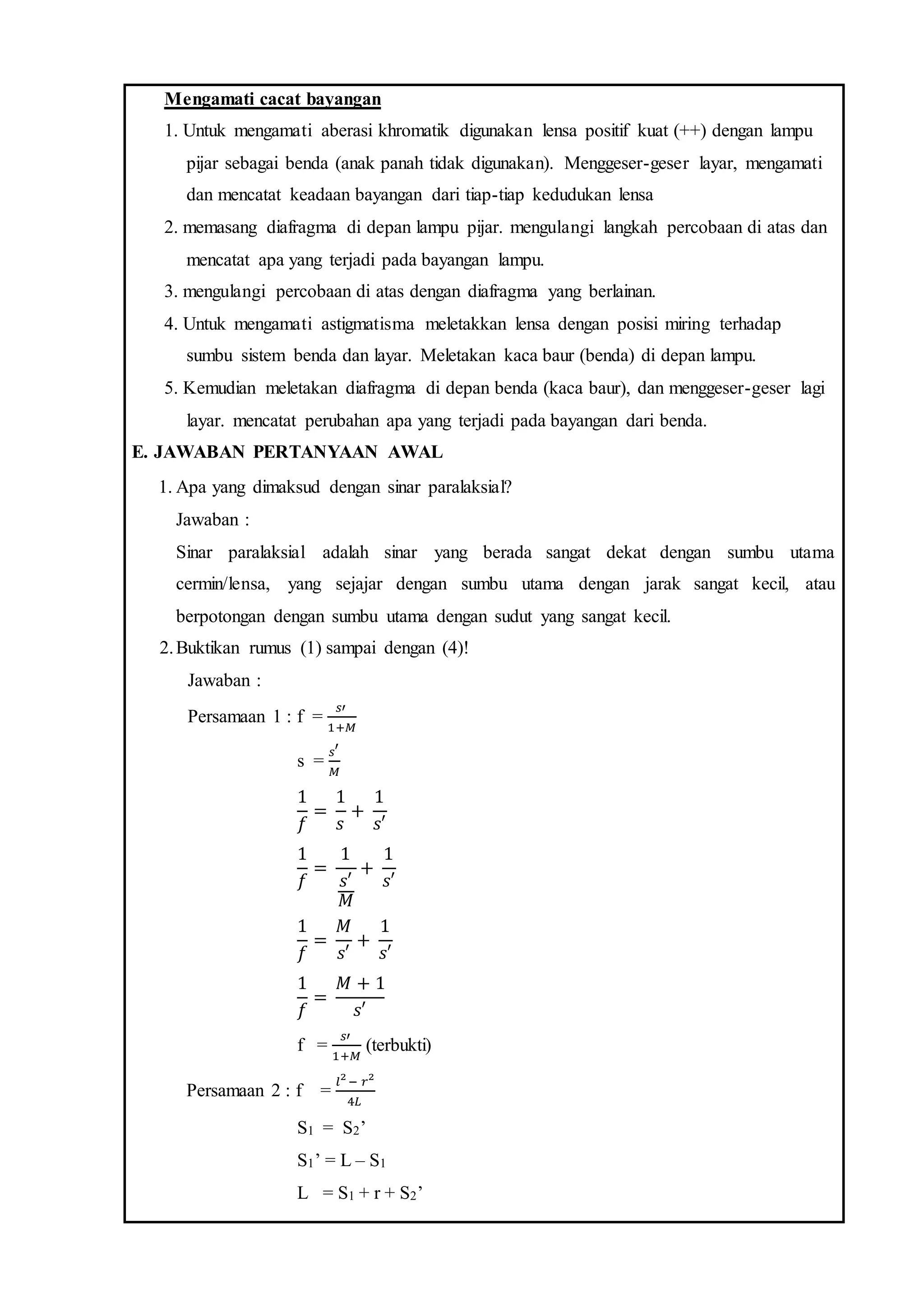 Laporan Praktikum Fisika Dasar II Awal tentang Sifat Lensa dan Cacat ...