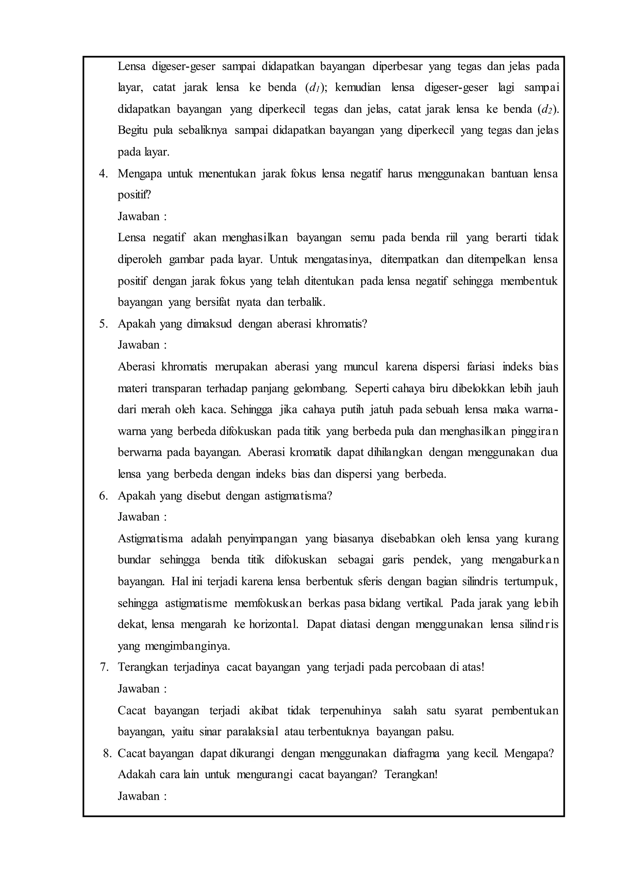 Laporan Praktikum Fisika Dasar II Awal tentang Sifat Lensa dan Cacat ...