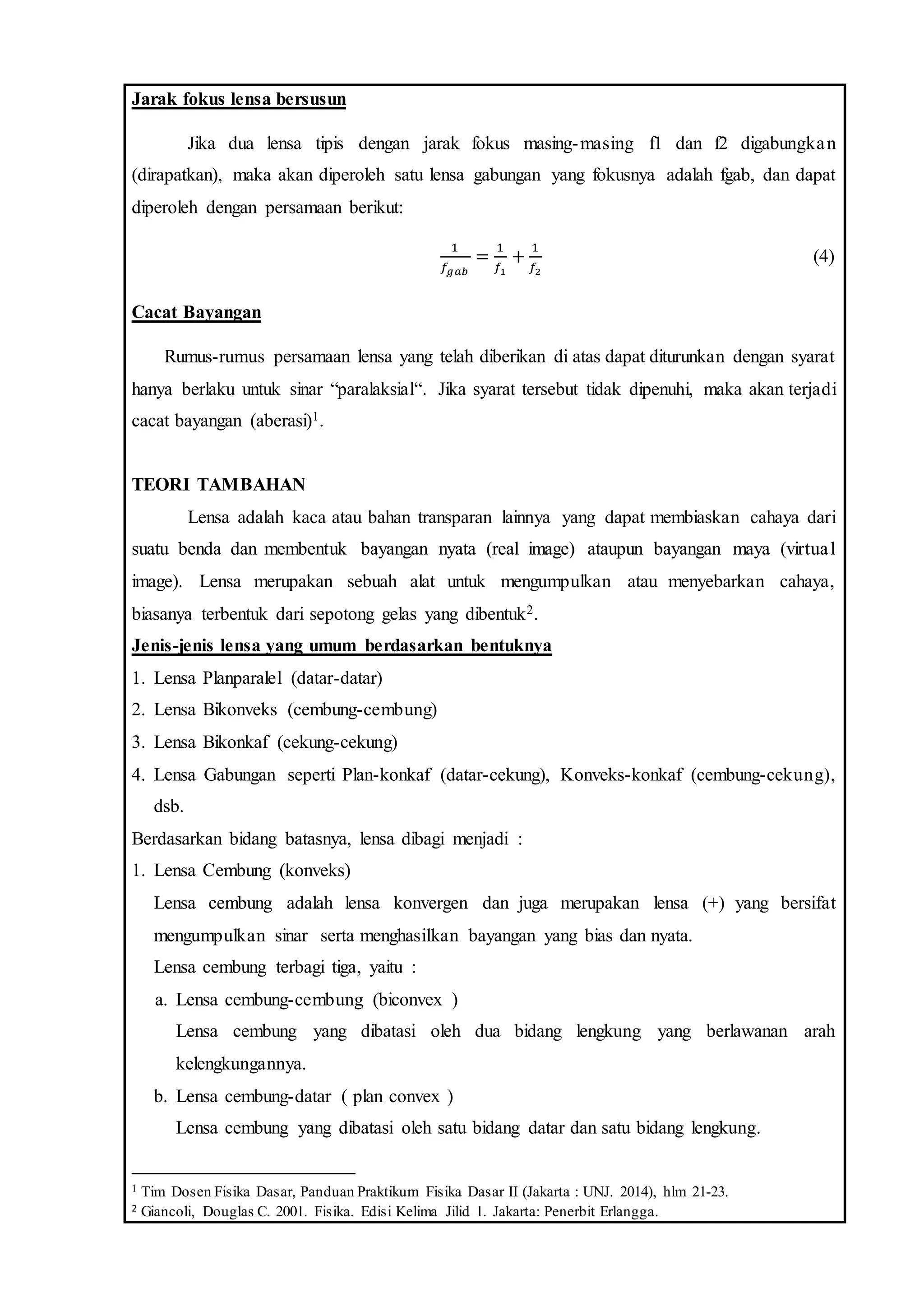 Laporan Praktikum Fisika Dasar II Awal tentang Sifat Lensa dan Cacat Bayangan | DOCX