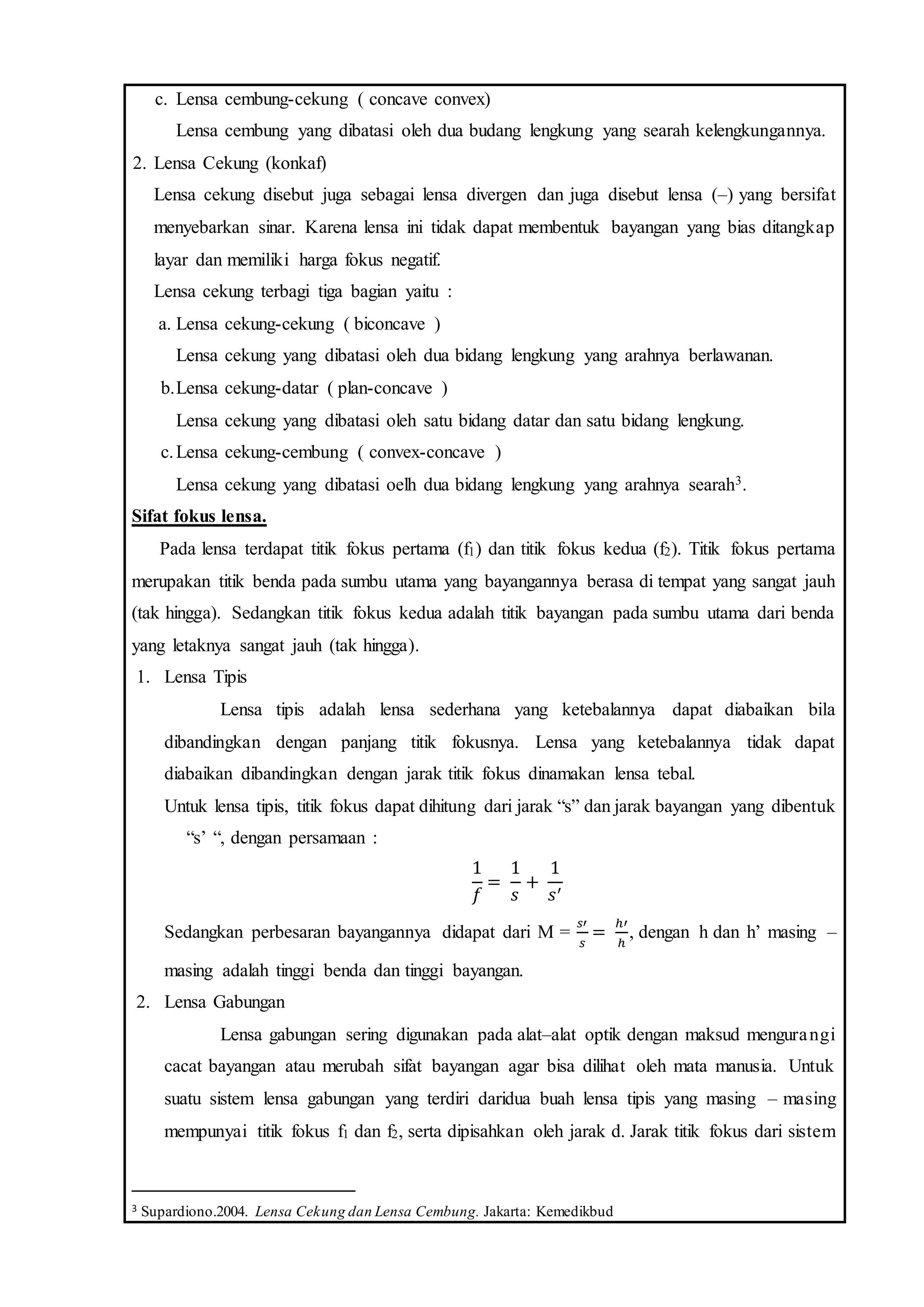 Laporan Praktikum Fisika Dasar II Awal tentang Sifat Lensa dan Cacat ...