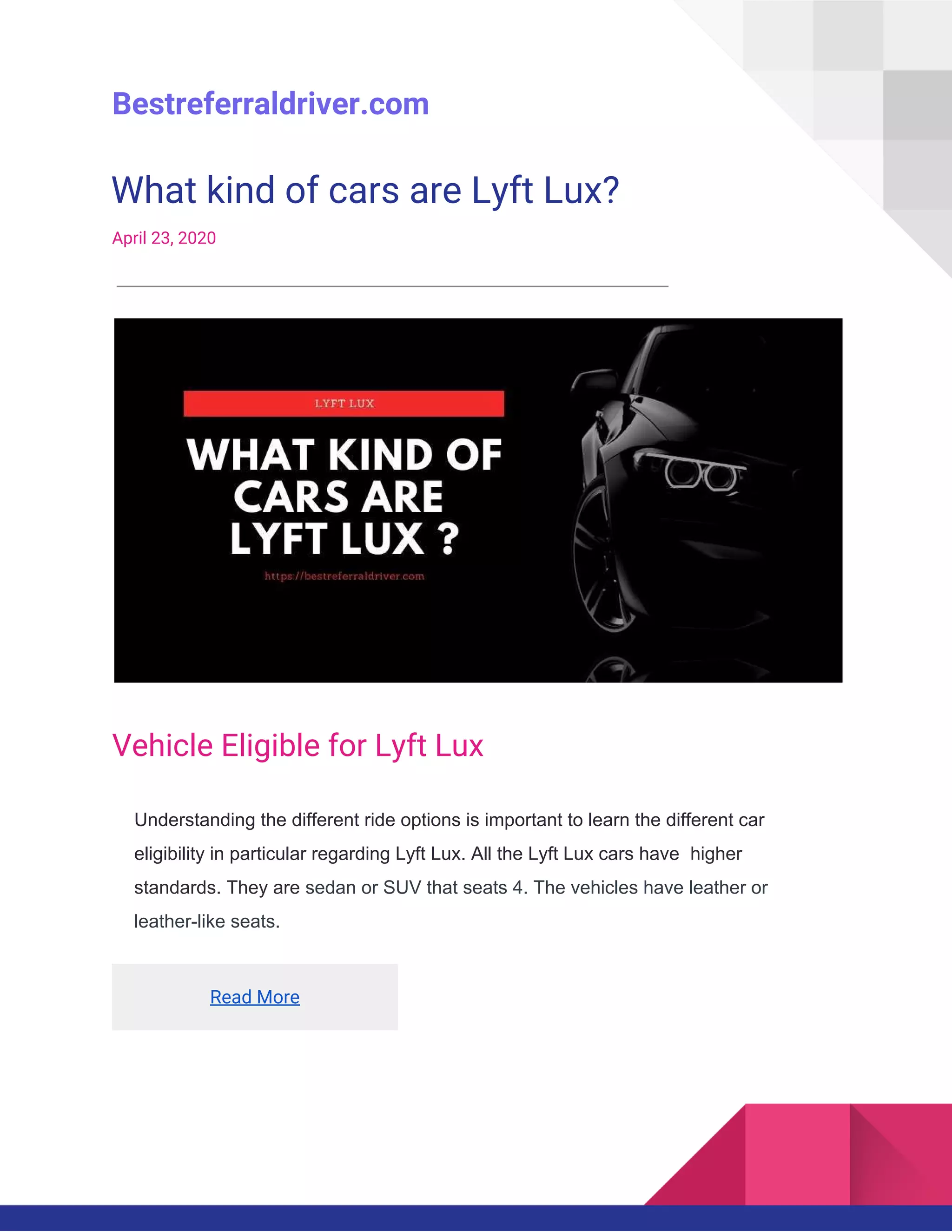 What kind of cars are Lyft Lux ? Bestreferraldriver.com