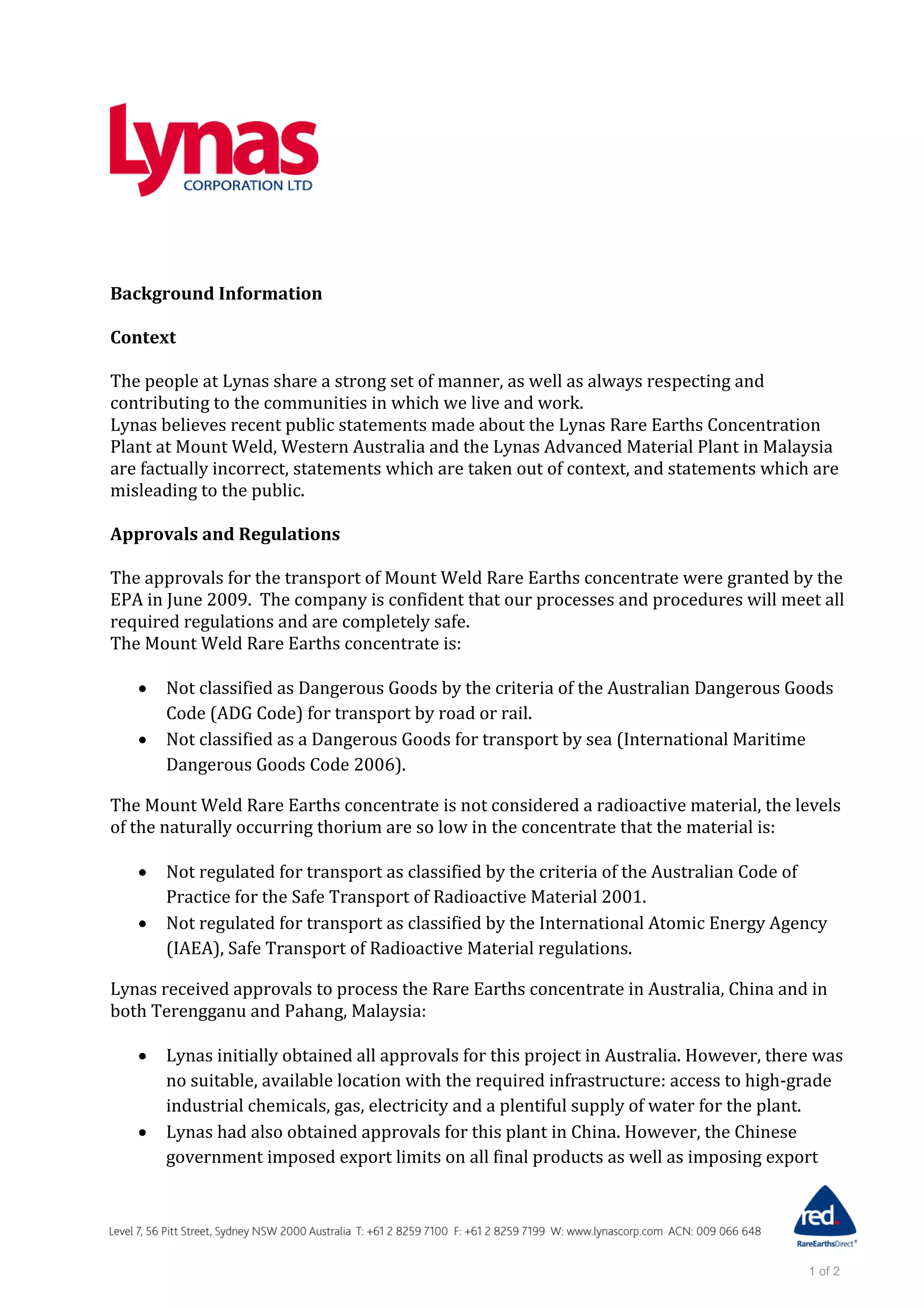 Lynas background information | PDF