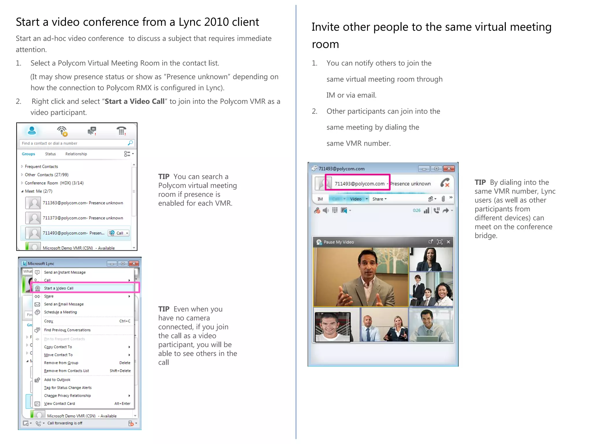 Using Lync 2013 with Polycom Virtual Meeting Rooms (VMR) | PDF