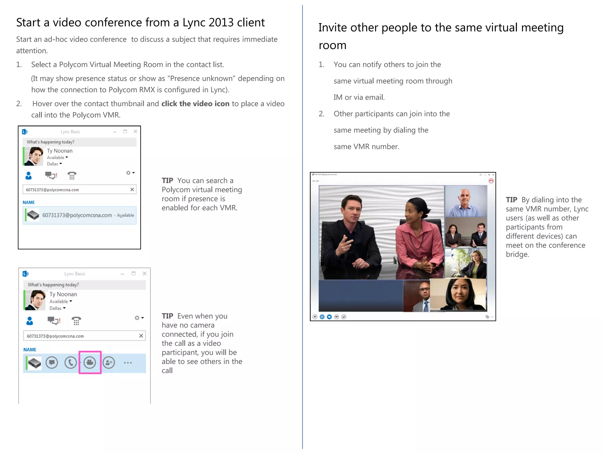 Using Lync 2013 with Polycom Virtual Meeting Rooms (VMR) | PDF