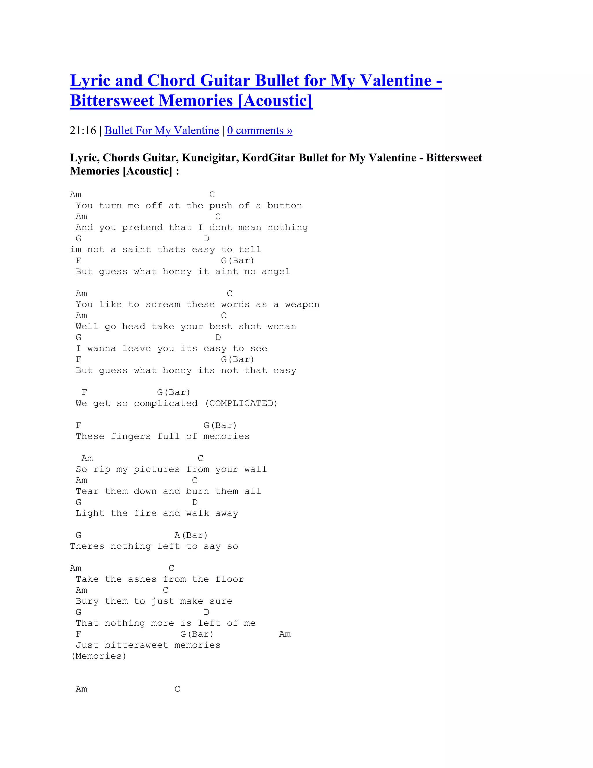 Lyric and chord guitar bullet for my valentine | DOCX