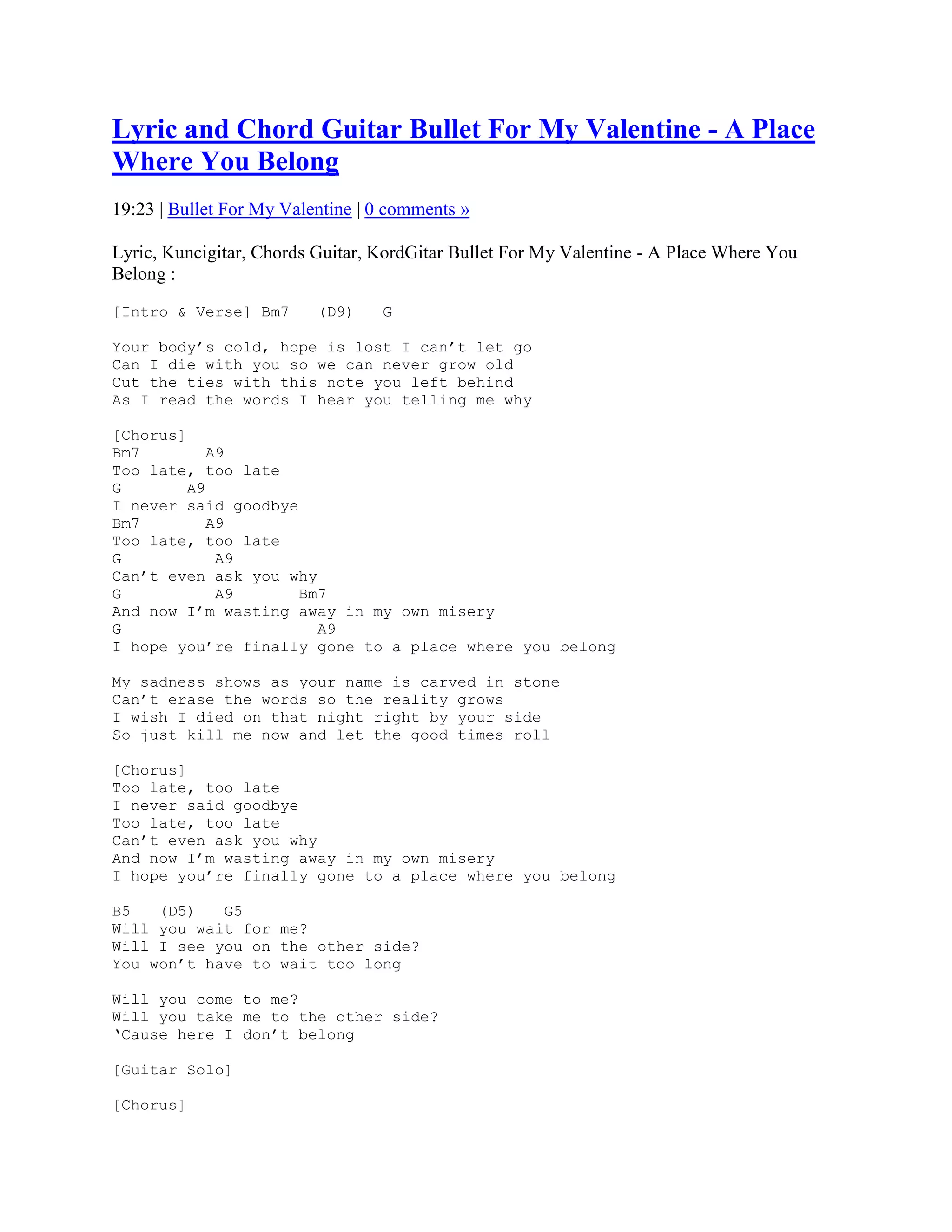 Lyric and chord guitar bullet for my valentine | DOCX