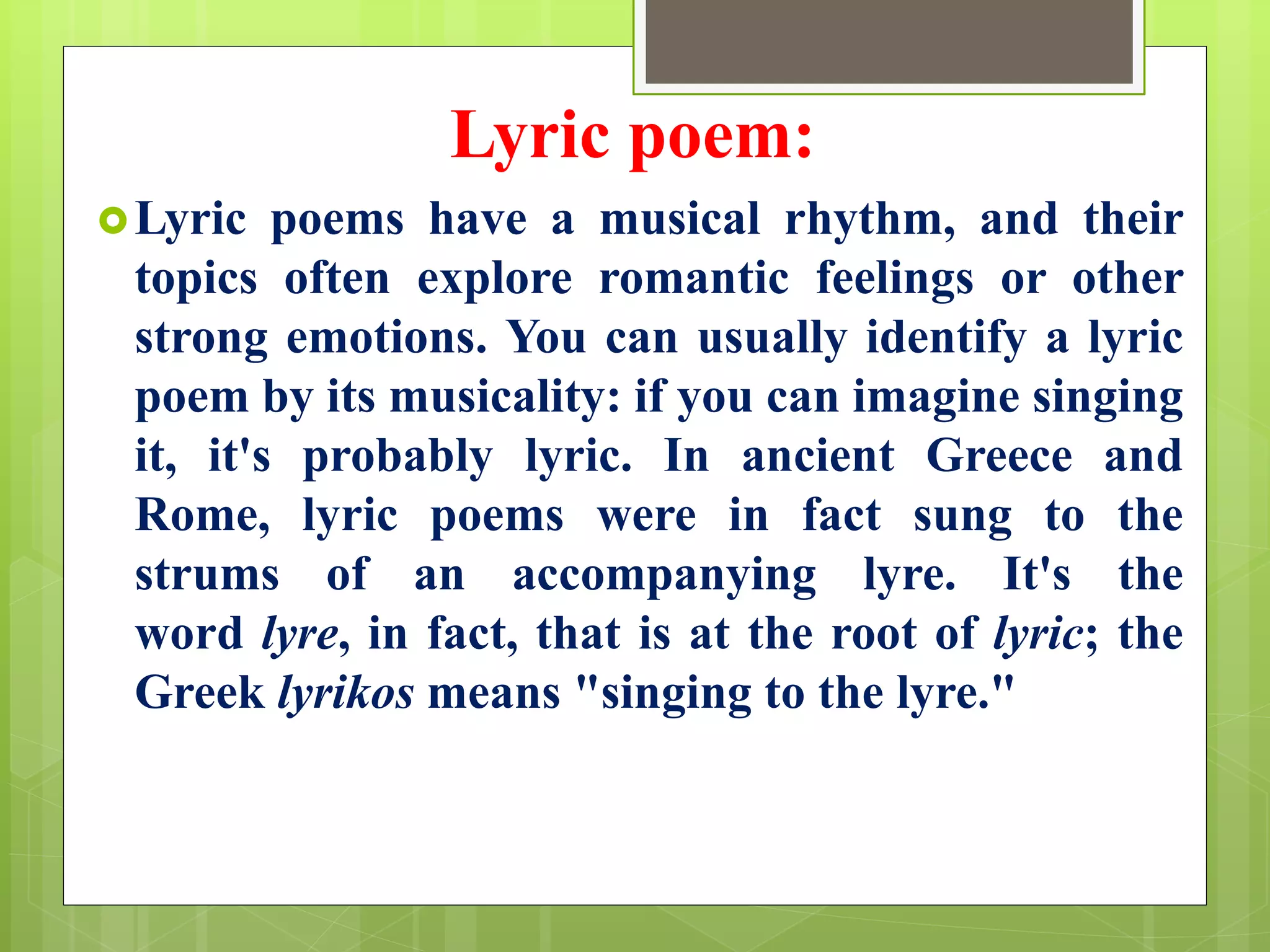 Lyric poem, dramatic monologue & ode types of poetry part i | PPTX