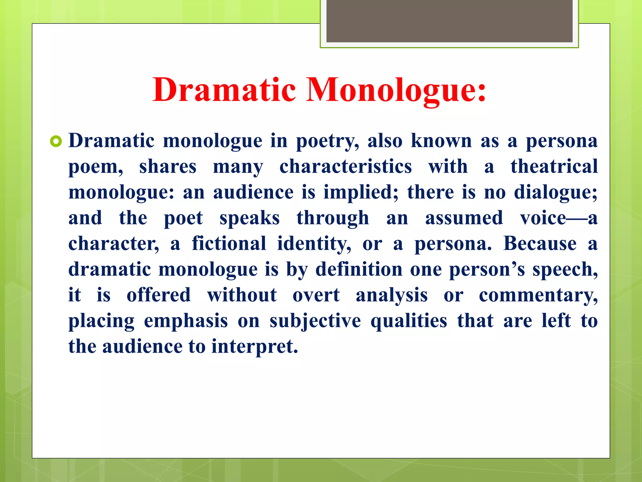 Lyric poem, dramatic monologue & ode types of poetry part i | PPTX