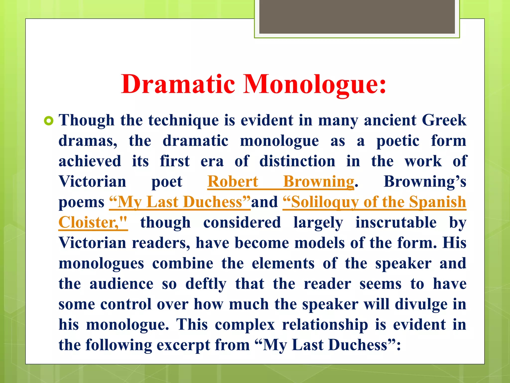 Lyric poem, dramatic monologue & ode types of poetry part i | PPTX