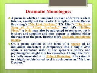 Lyric poem, dramatic monologue & ode types of poetry part i | PPTX
