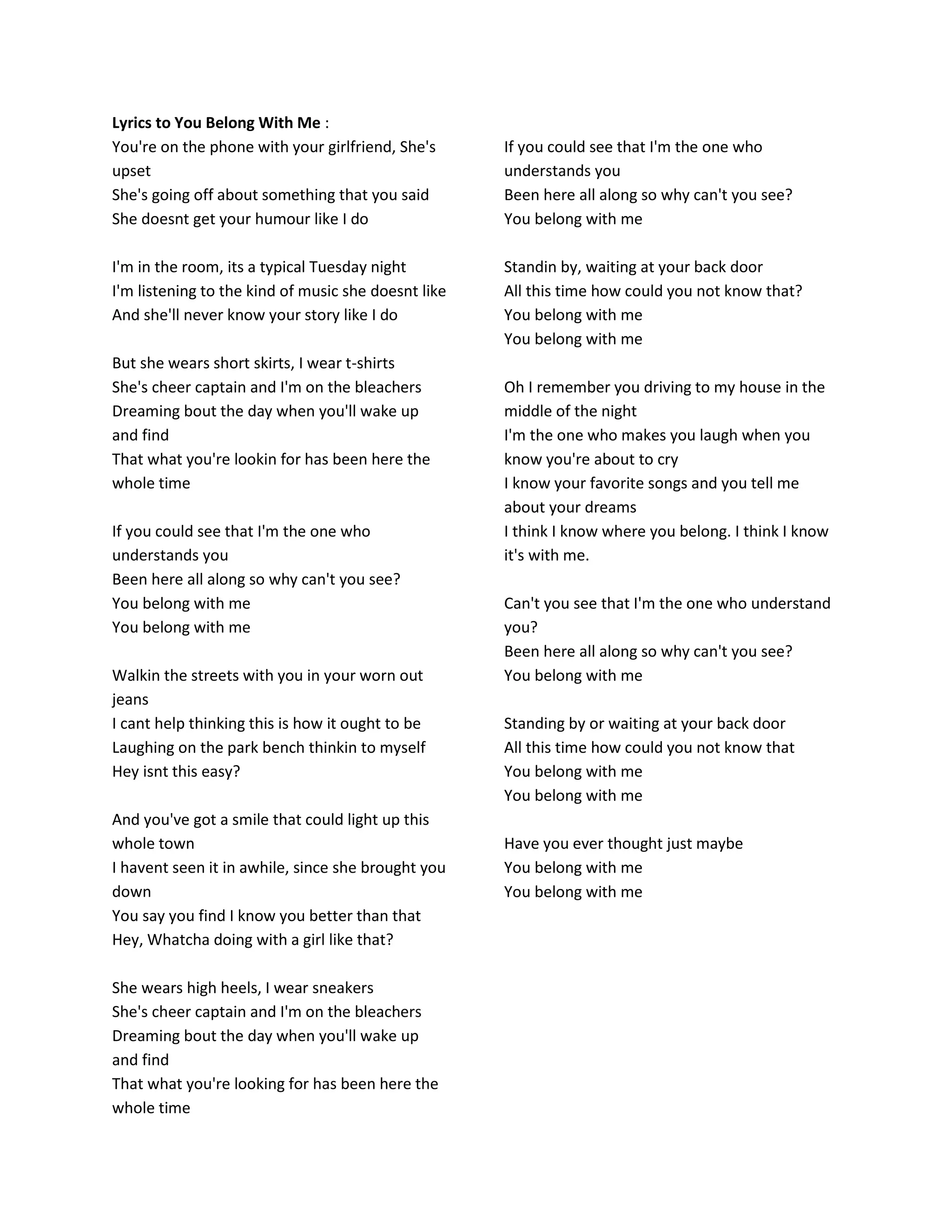 Lyrics To You Belong With Me | DOCX