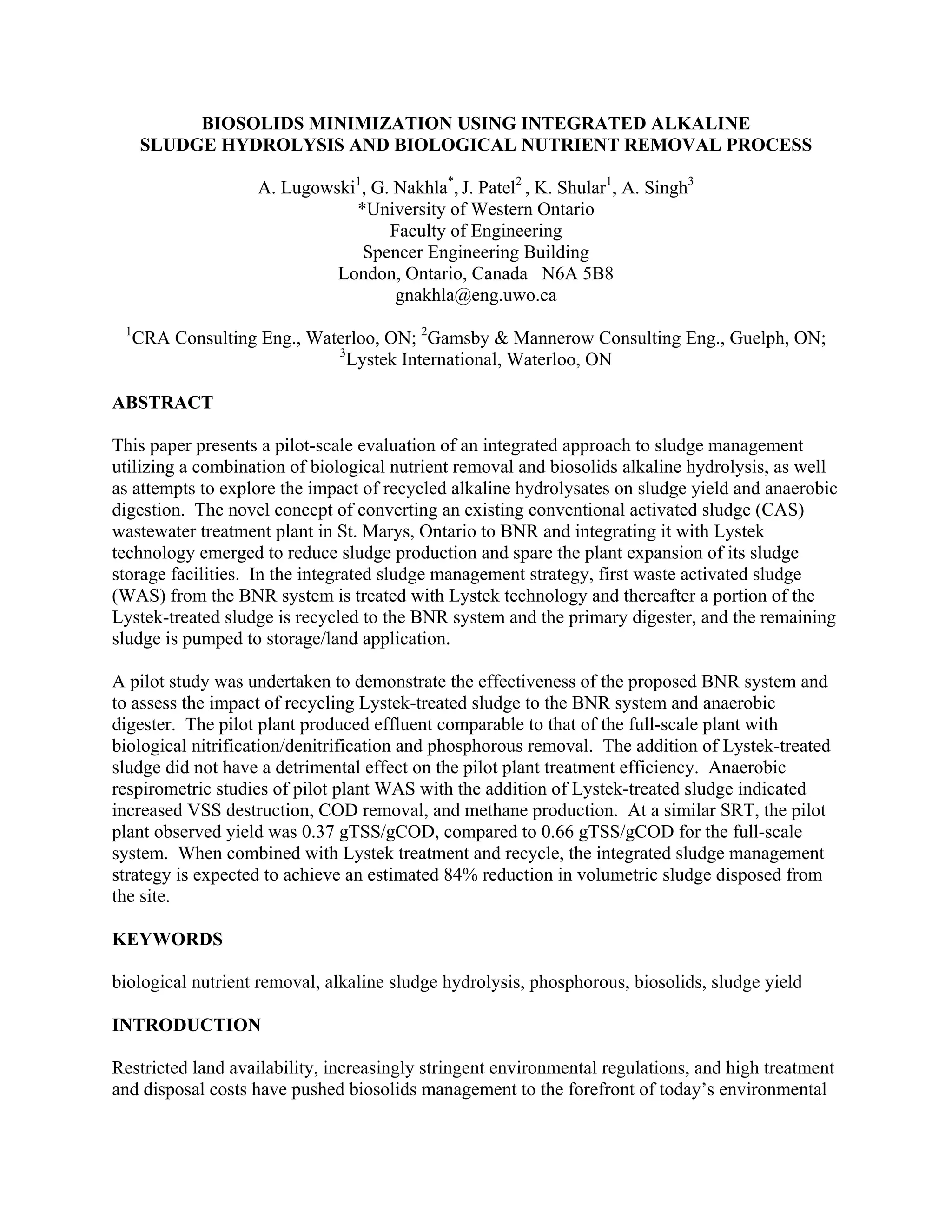Biosolids Minimization Using Alkaline Sludge Hydrolysis and BNR Process ...