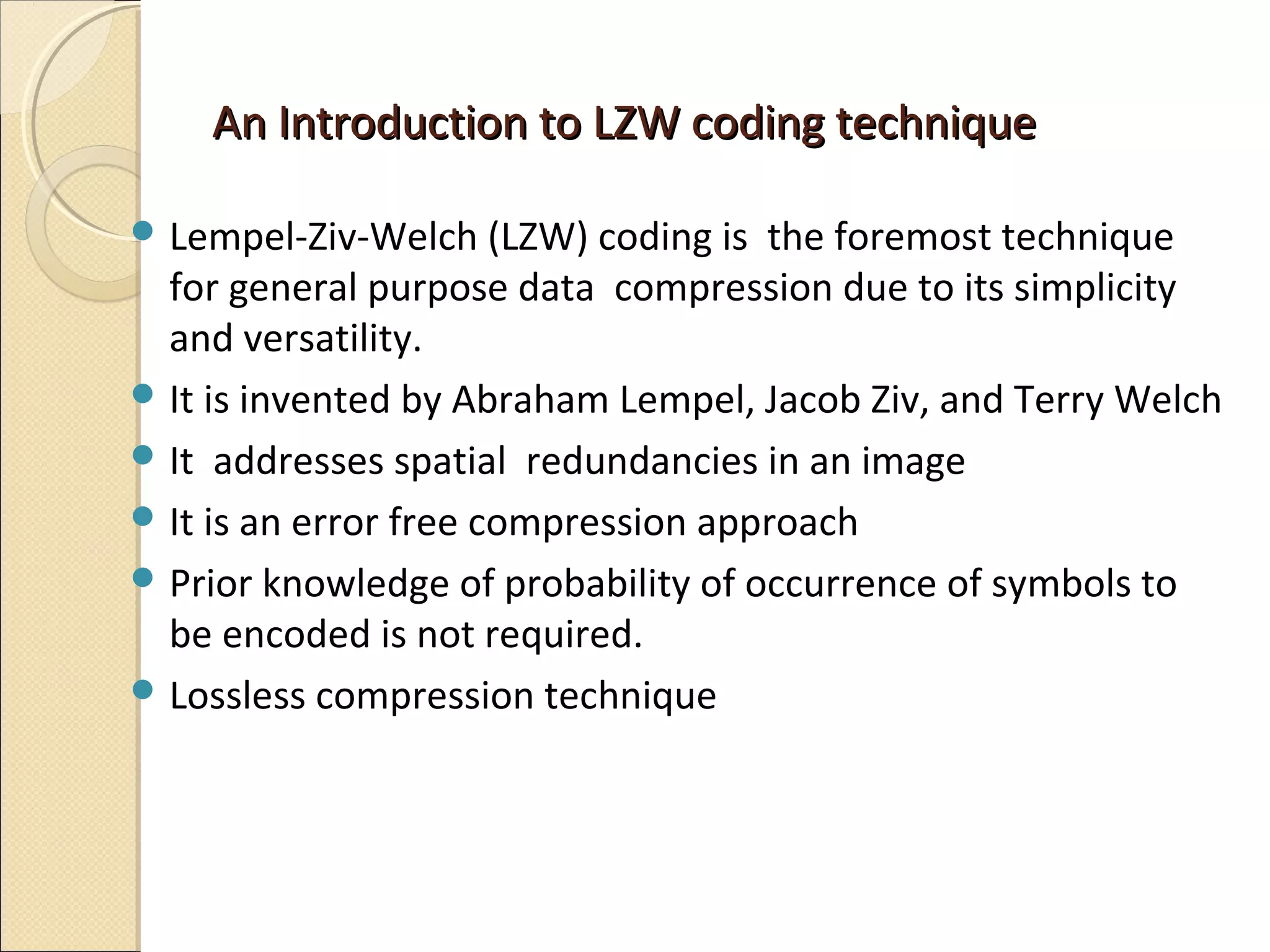 Lzw Coding Technique For Image Compression Ppt
