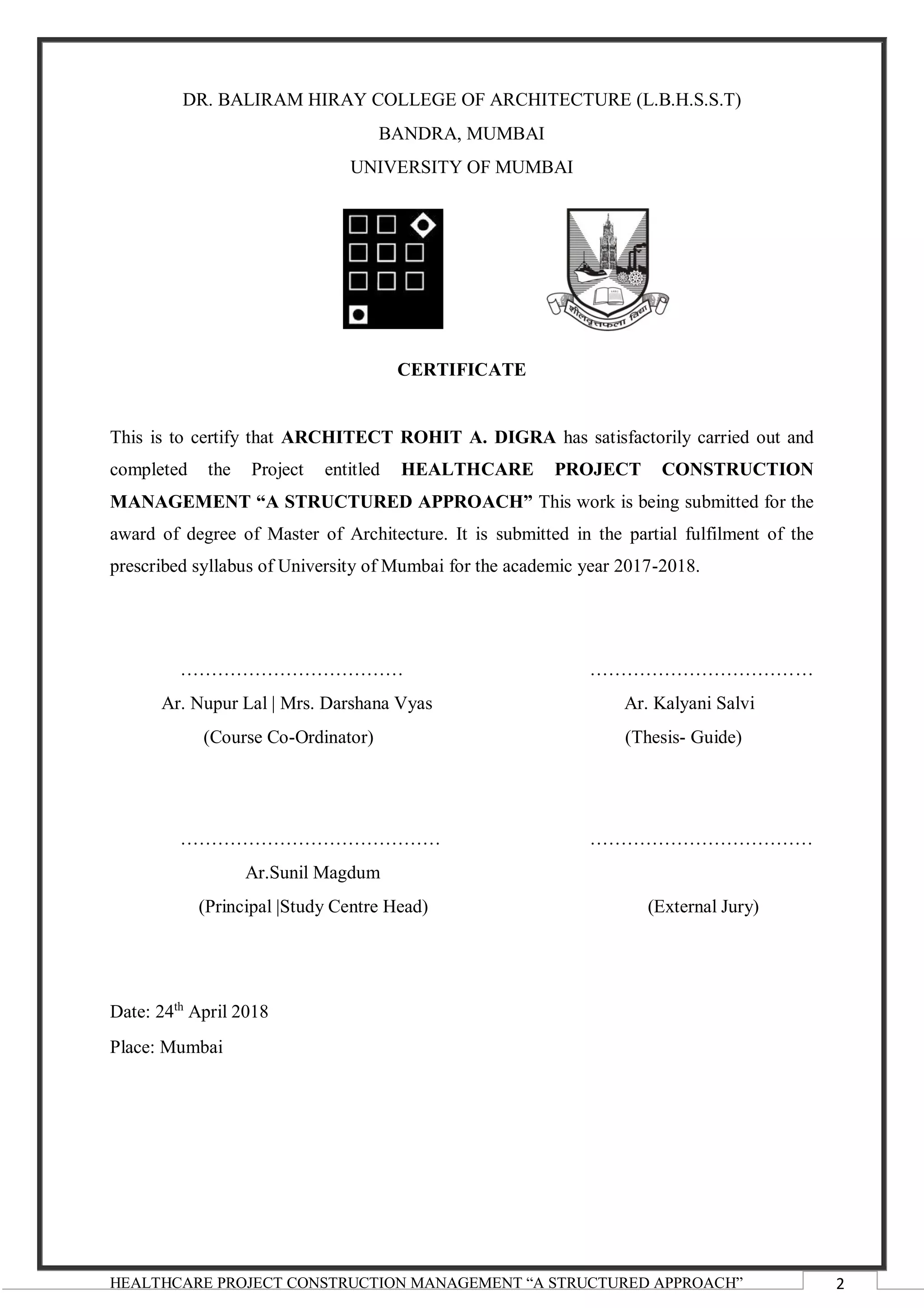 Master of Architecture Thesis Healthcare Project management "A ...