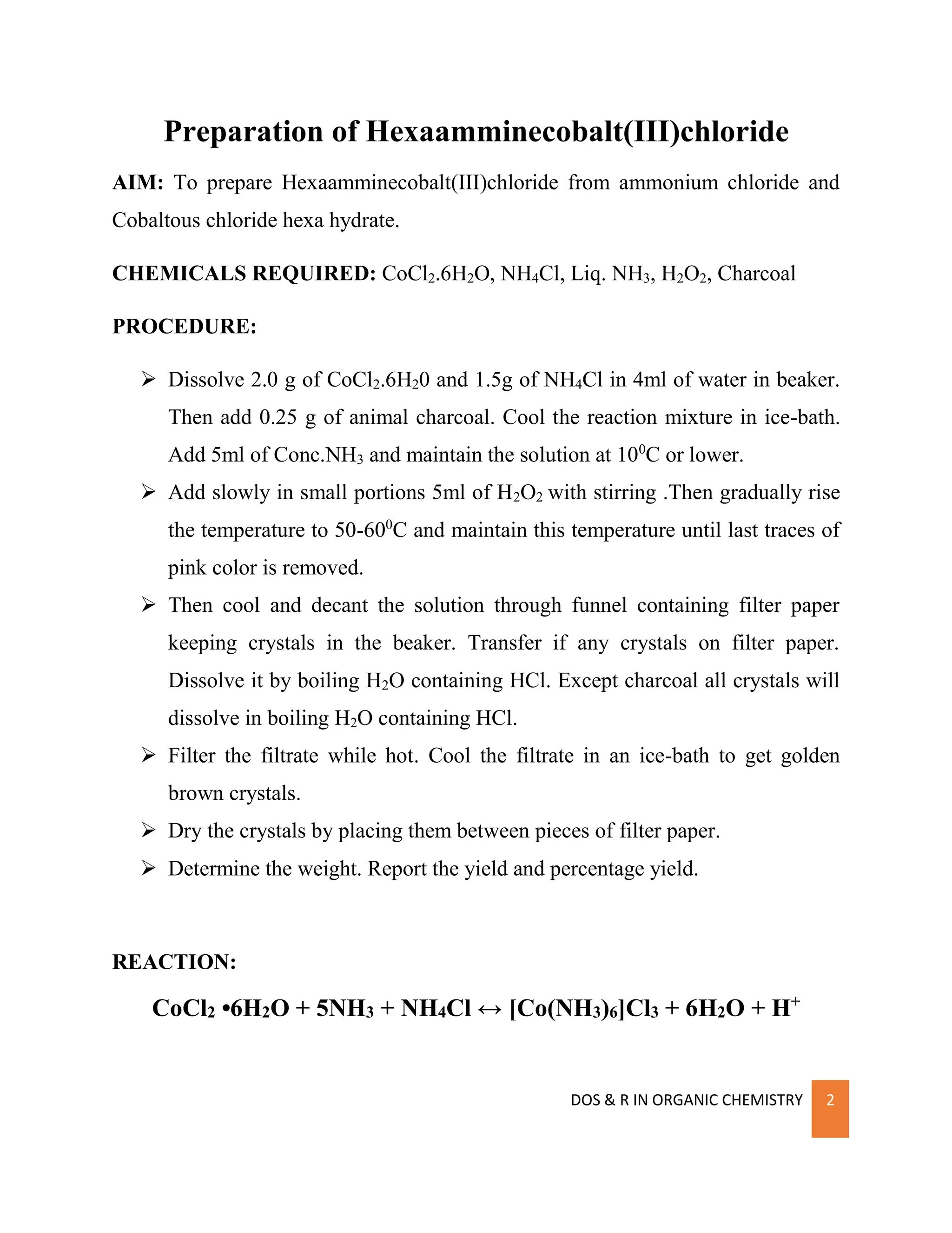 M.sc. inorganic chemistry laboratory manual complex preparations | PDF