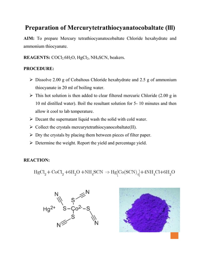M.sc. inorganic chemistry laboratory manual complex preparations | PDF