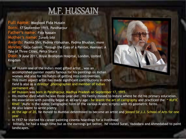 M.F. Hussain | PPTX | Arts and Crafts | Hobbies & Interests
