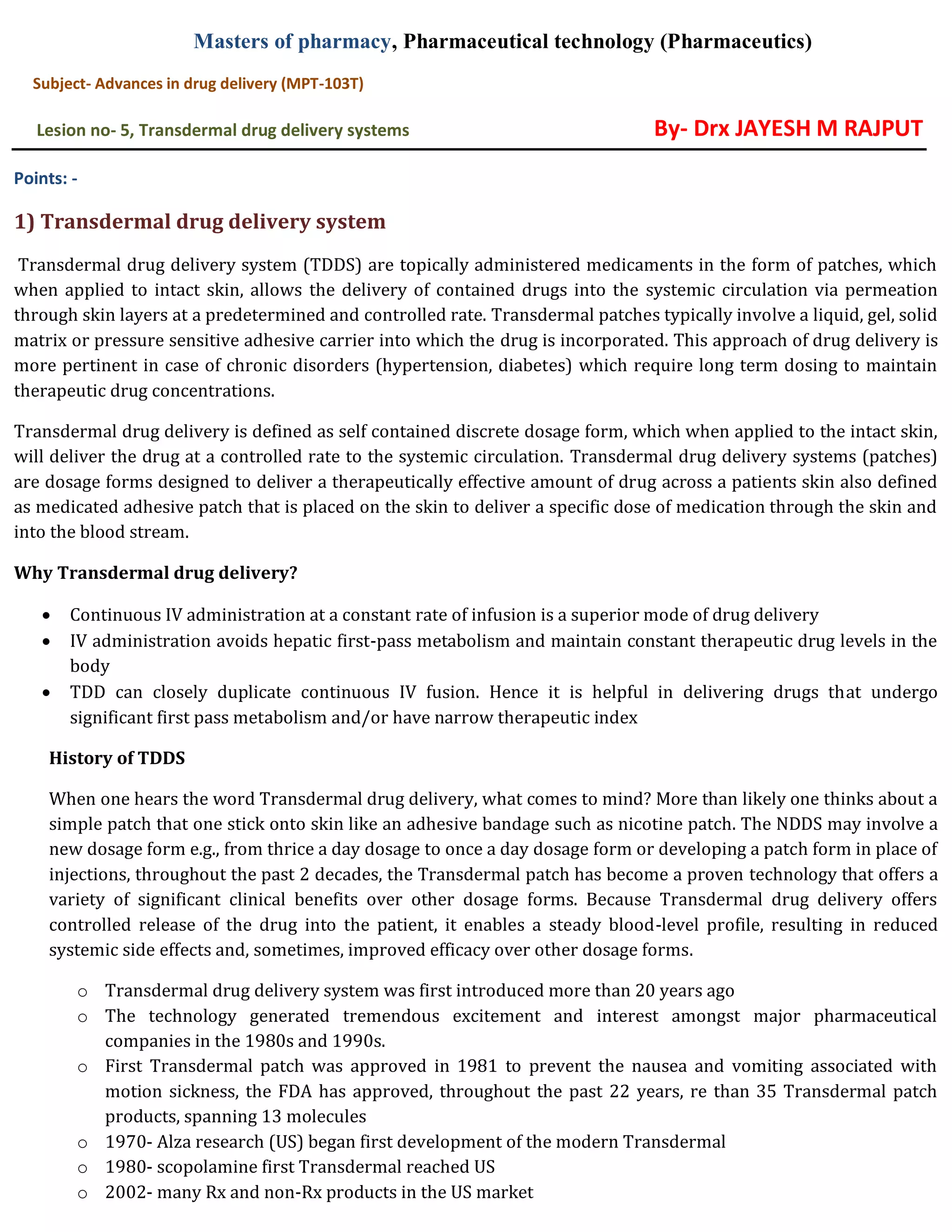 Transdermal drug delivery system | PDF