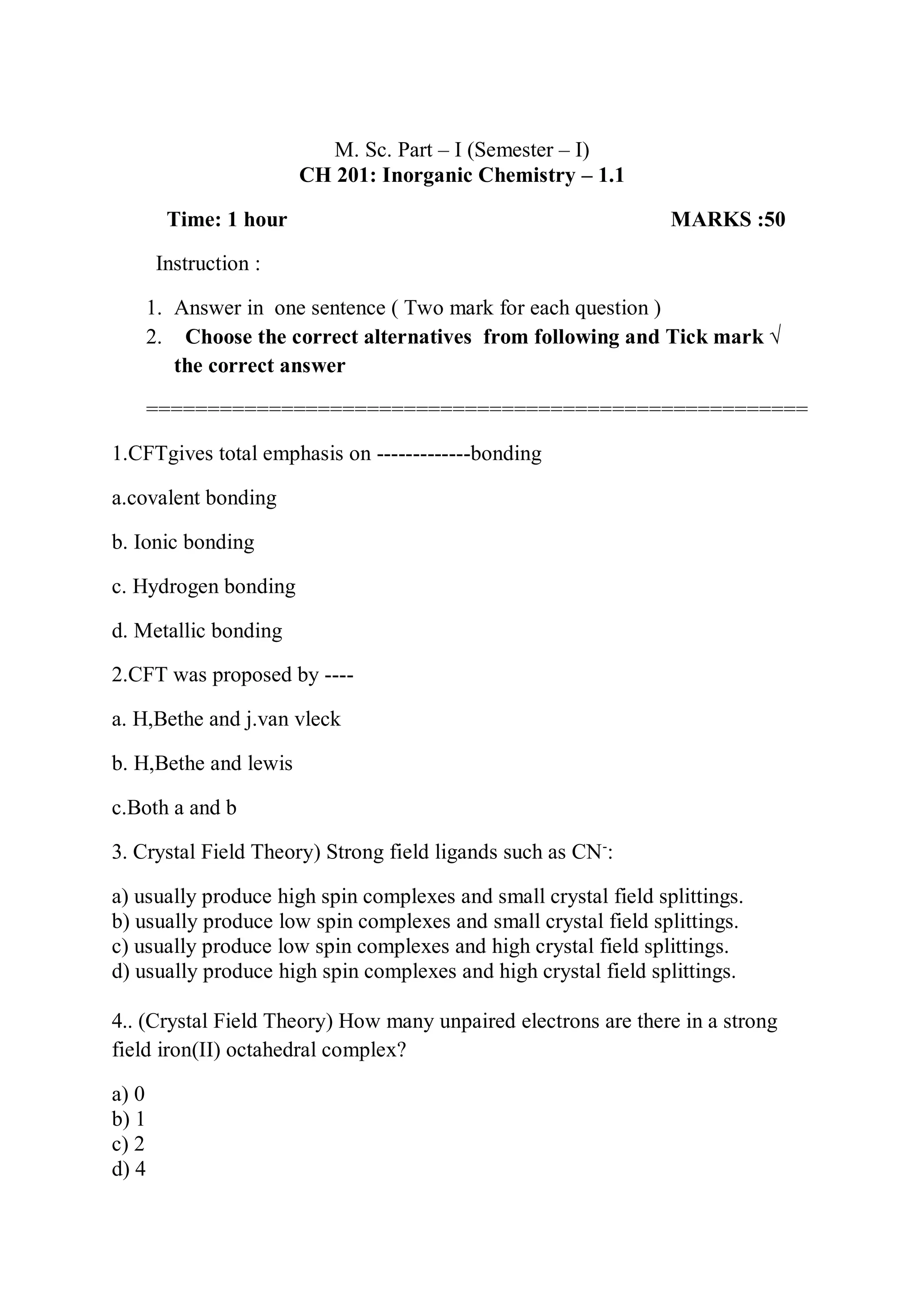 M.Sc.I Inorganic Chemistry Question paper | PDF M.Sc.I Inorganic Chemistry Question paper | PDF
