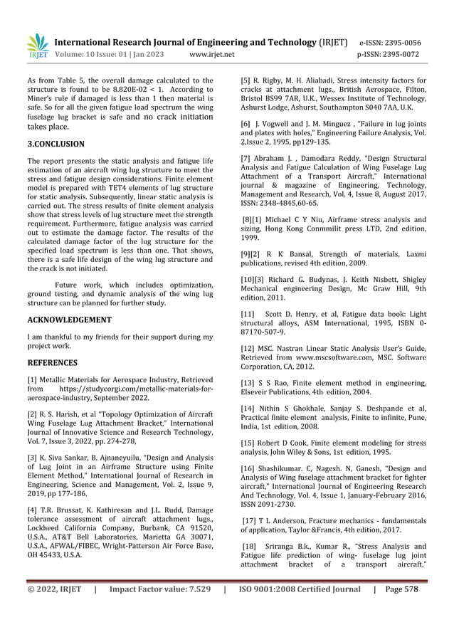 Design and Fatigue Analysis of a Typical Aircraft Wing fuselage Lug ...