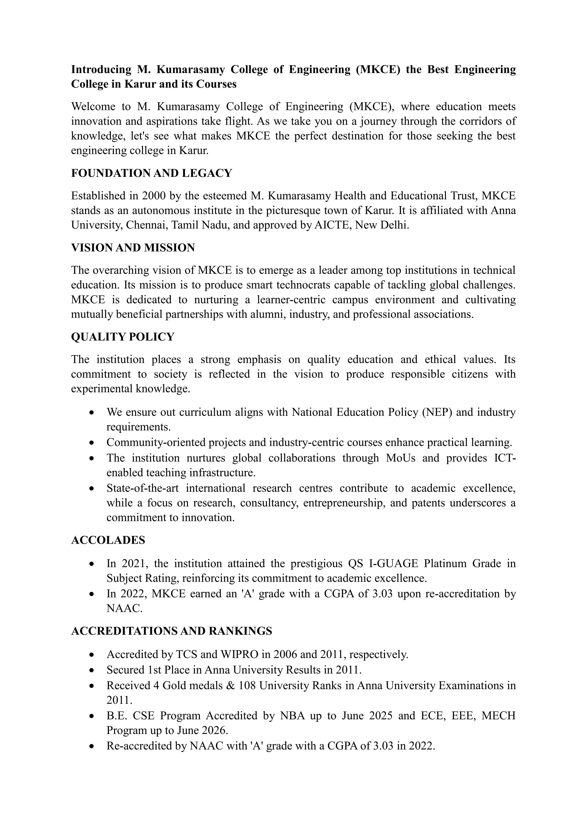 M. Kumarasamy College of Engineering (MKCE) the Best Engineering ...