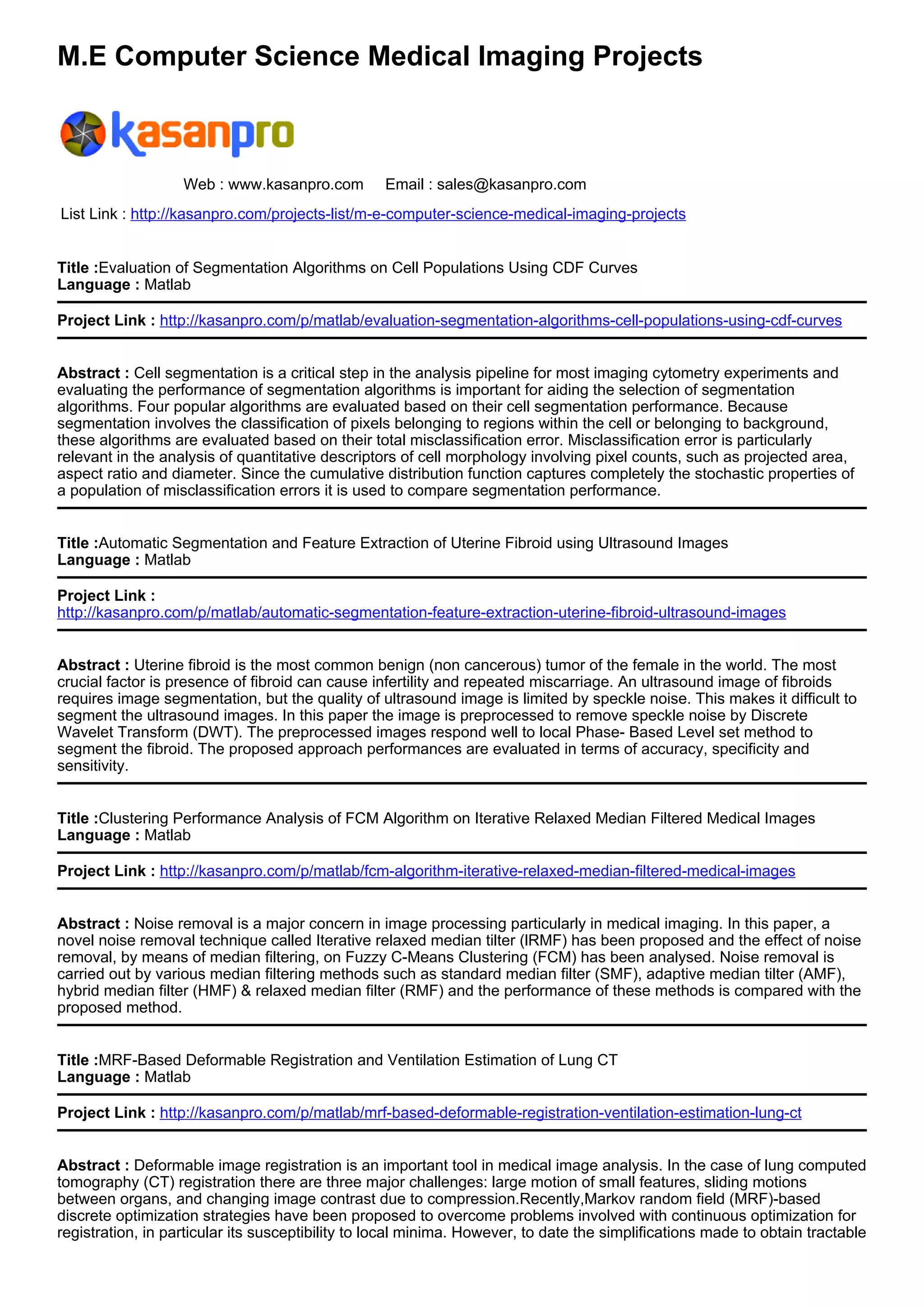 M.E Computer Science Medical Imaging Projects | PDF