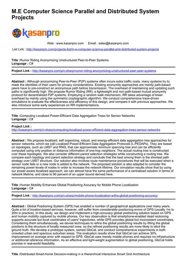 M.E Computer Science Parallel and Distributed System Projects | PDF
