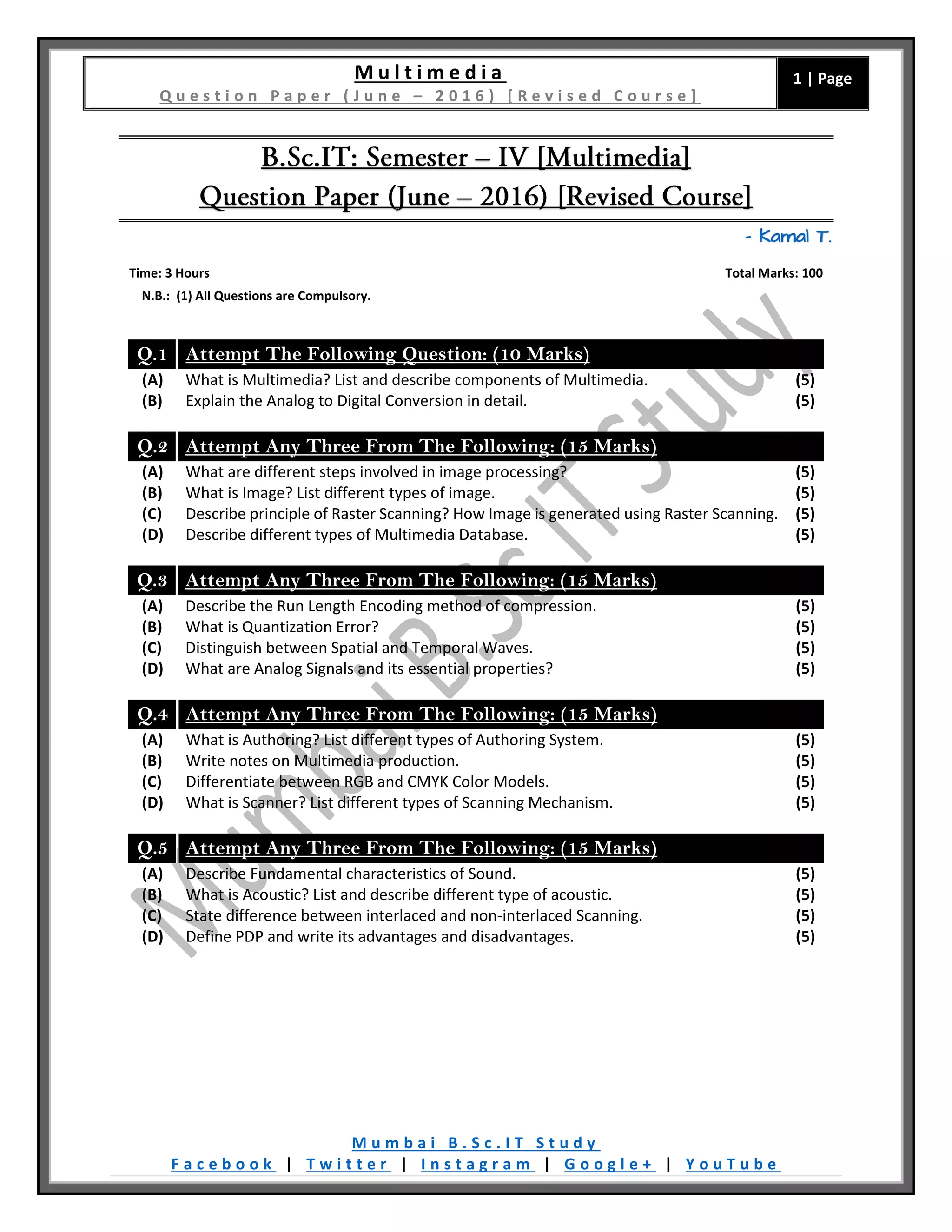 [Question Paper] Multimedia (Revised Course) [June / 2016] | PDF