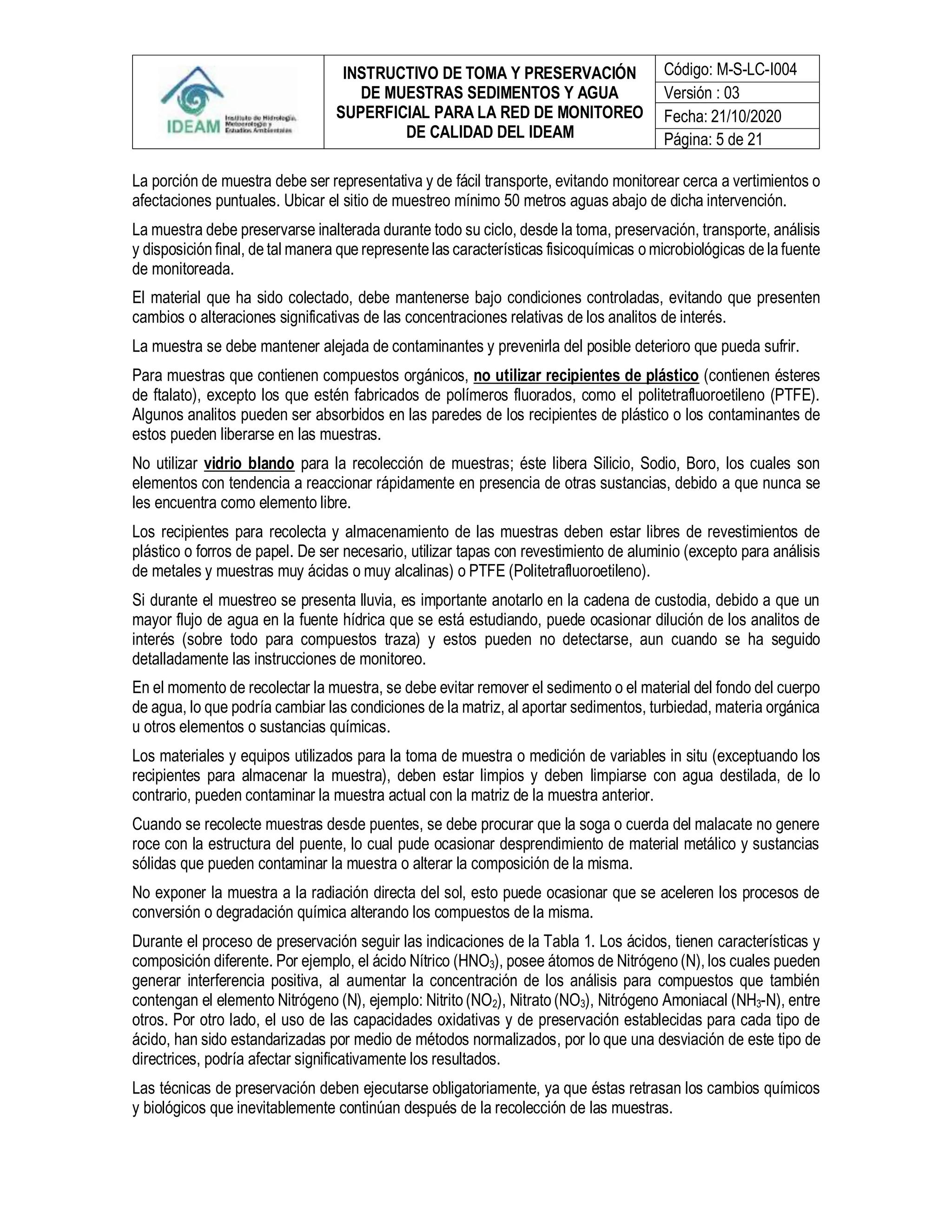 M-S-LC-I004 INSTRUCTIVO DE TOMA Y PRESERVACIÓN DE MUESTRAS SEDIMENTOS Y ...