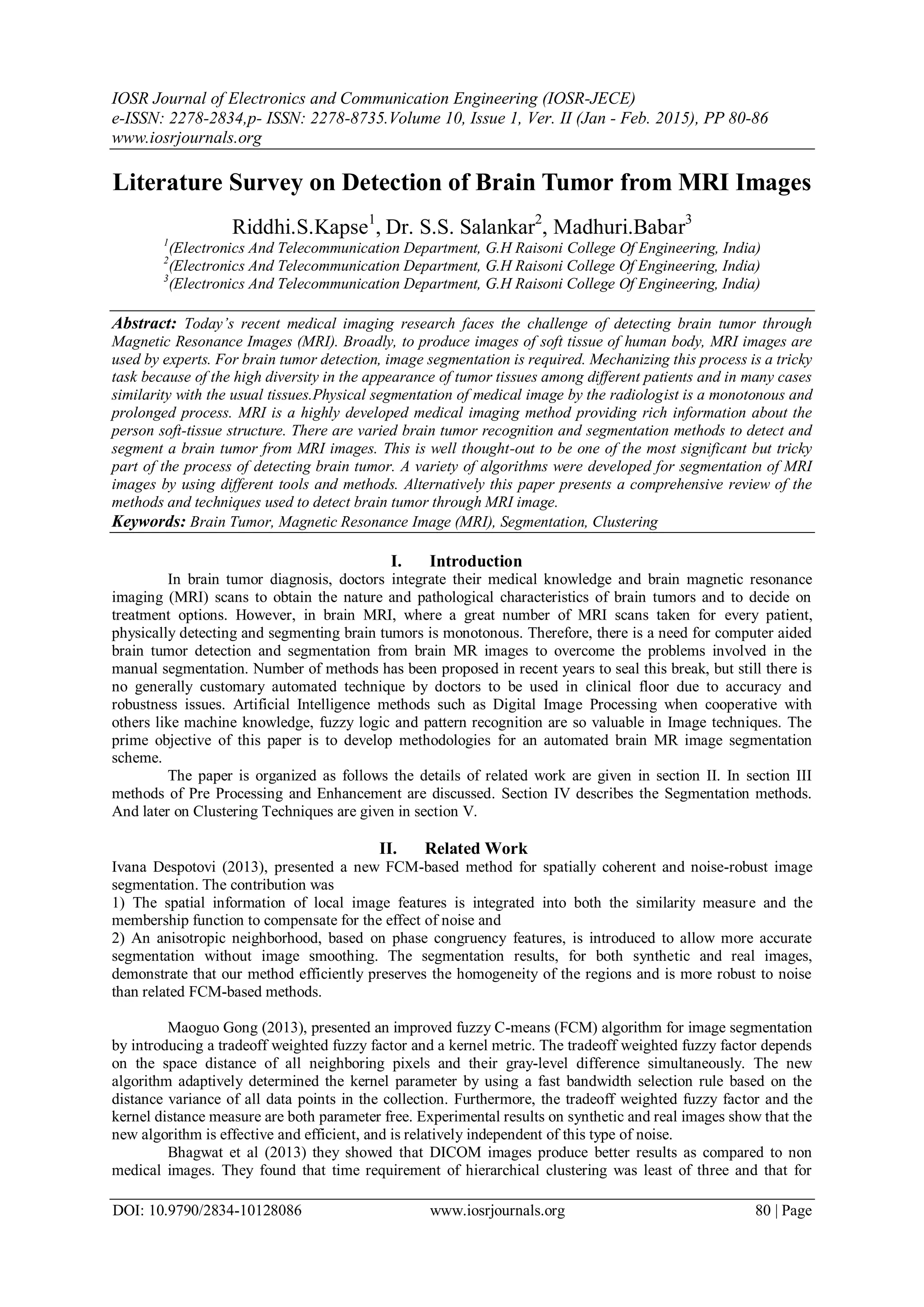 Literature Survey on Detection of Brain Tumor from MRI Images | PDF